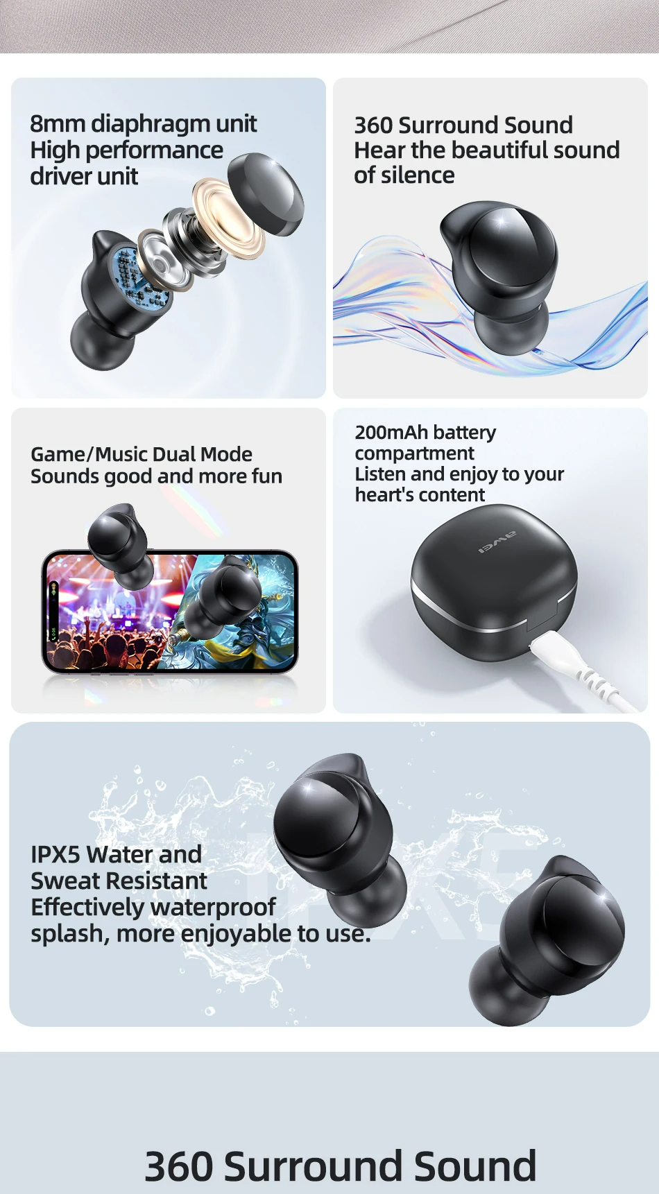 Awei T78 หูฟังบลูทูธ TWS Bluetooth Earphone เสียงรอบทิศทาง 3D อายุการ ...