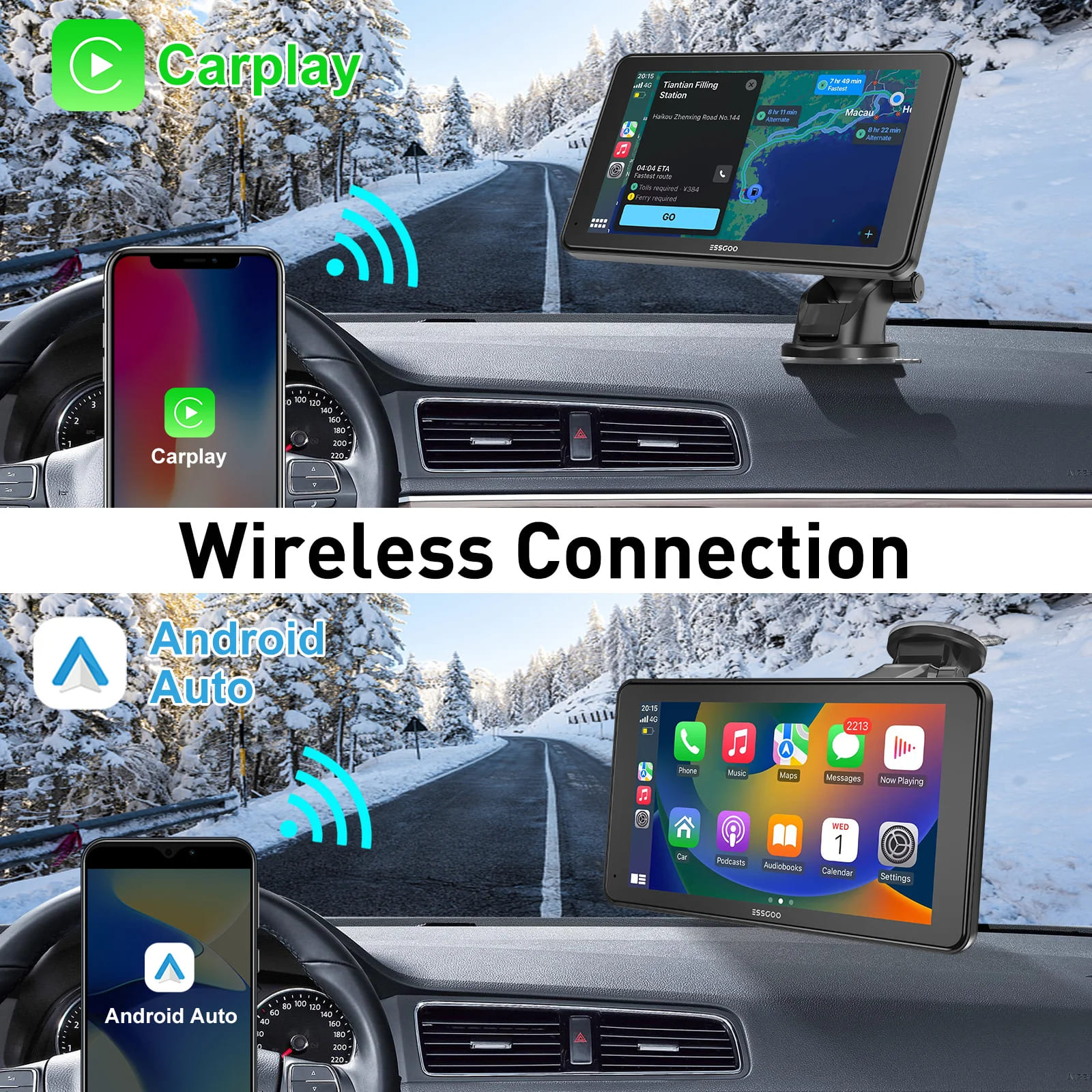 ESSGOO Wireless Carplay Dashboard Monitor Portable Car Radio Automotive ...
