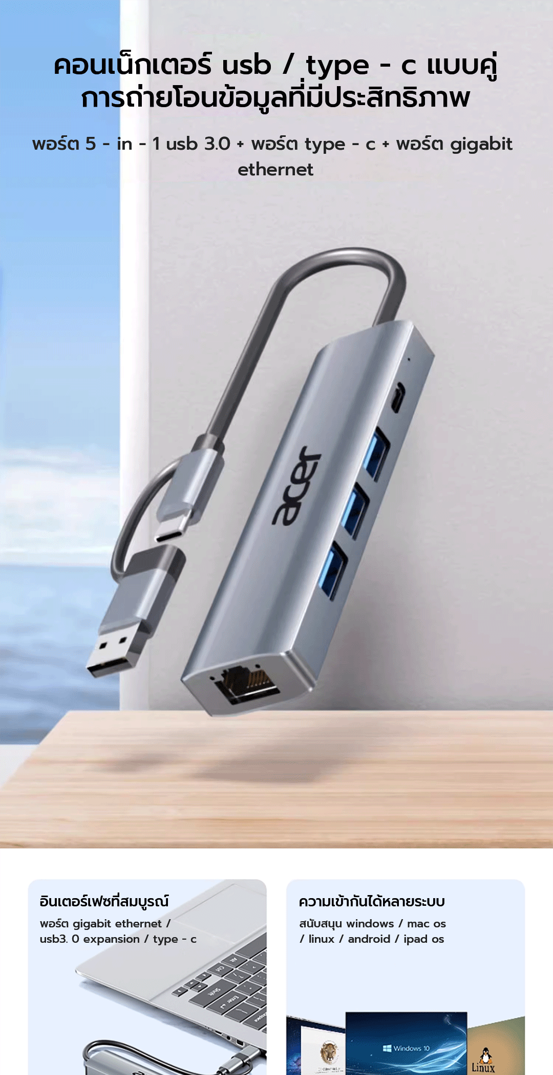 Acer อะแดปเตอร์แปลงสายเคเบิลอีเธอร์เน็ต Type-C USB 3.0 2.0 ความเร็วสูง ...