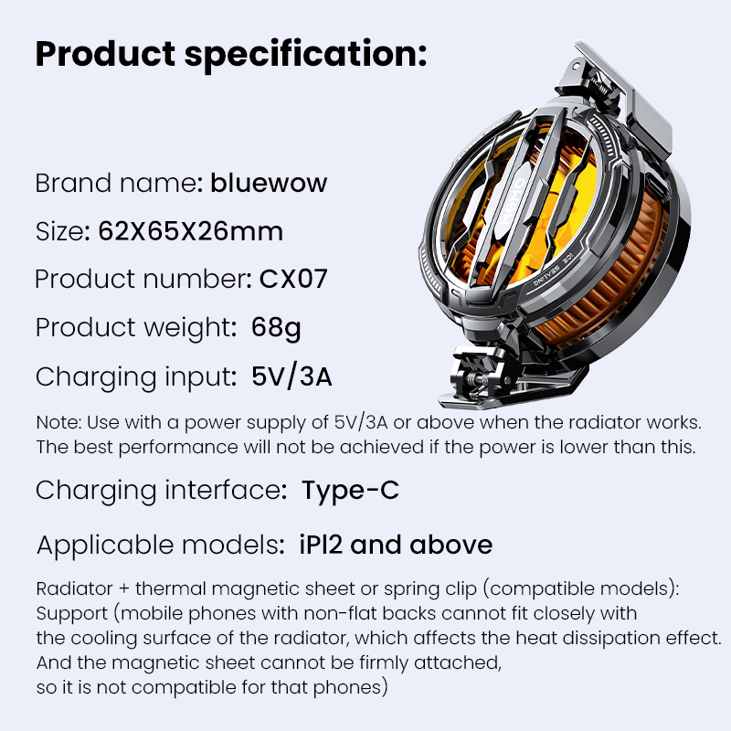 Bluewow CX07 พัดลมระบายความร้อน ฮีตซิงก์ PUGB แบบพกพา สําหรับโทรศัพท์มือถือ | Shopee Thailand