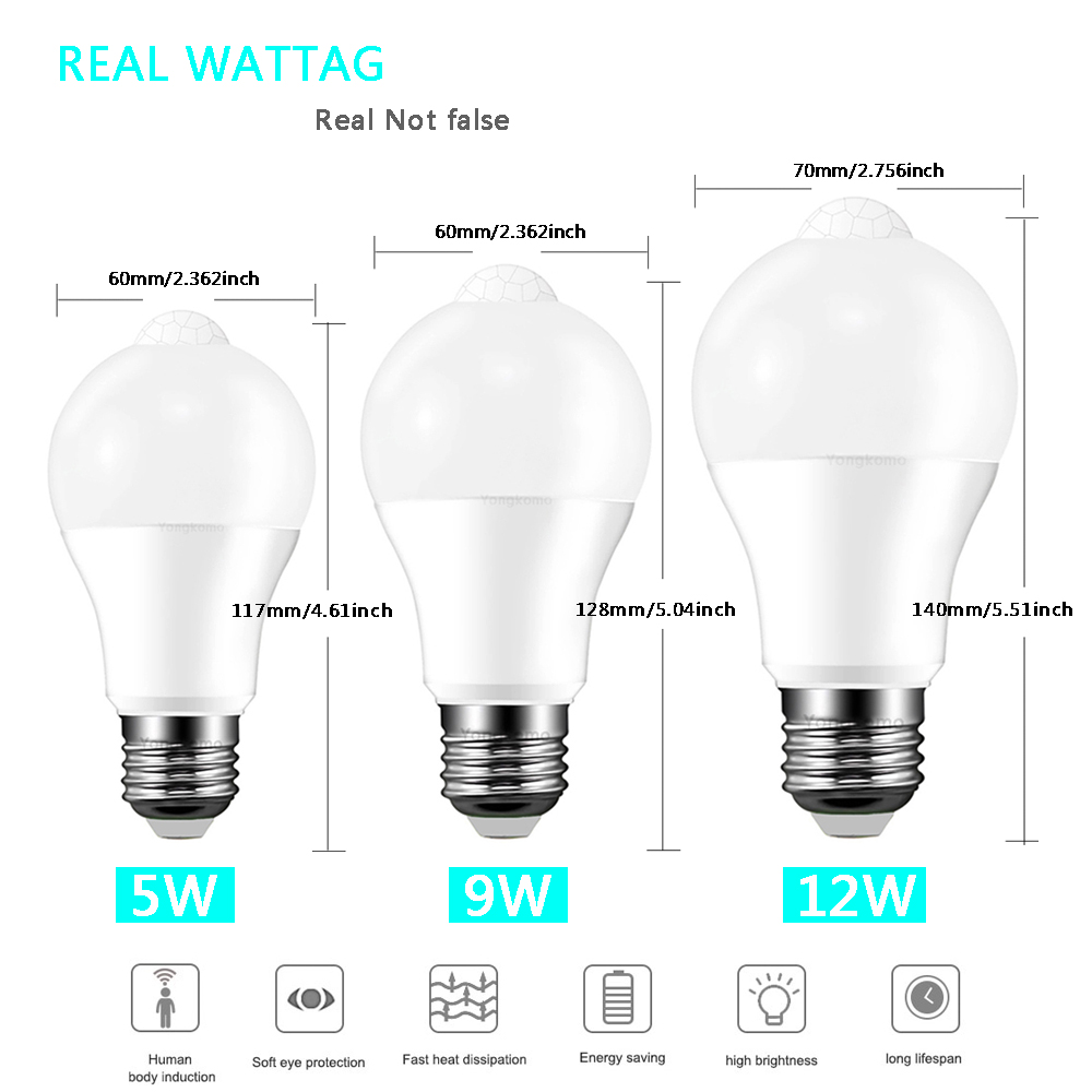 หลอดไฟ LED E27 motion Sensor 15W 12W 9W 5W ตรวจจับการเคลื่อนไหว PIR เปิด/ปิดอัตโนมัติ สําหรับตก ...