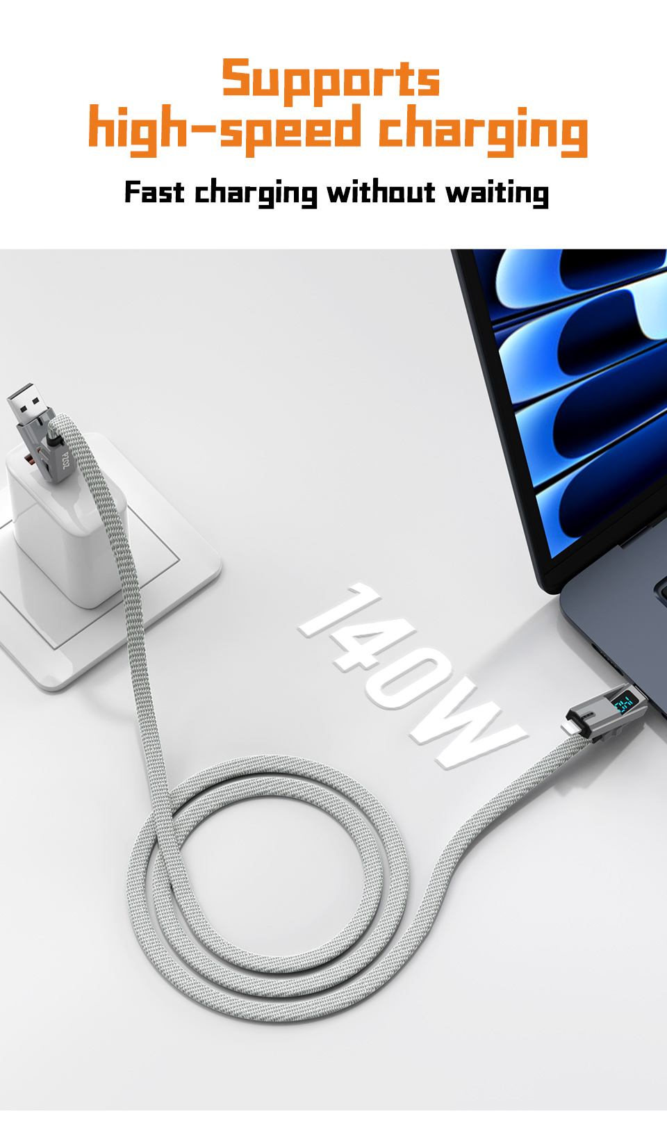 PZOZ 4 in 1 140W PD USB C สายเคเบิล จอแสดงผลดิจิตอล ชาร์จเร็ว สําหรับ ...
