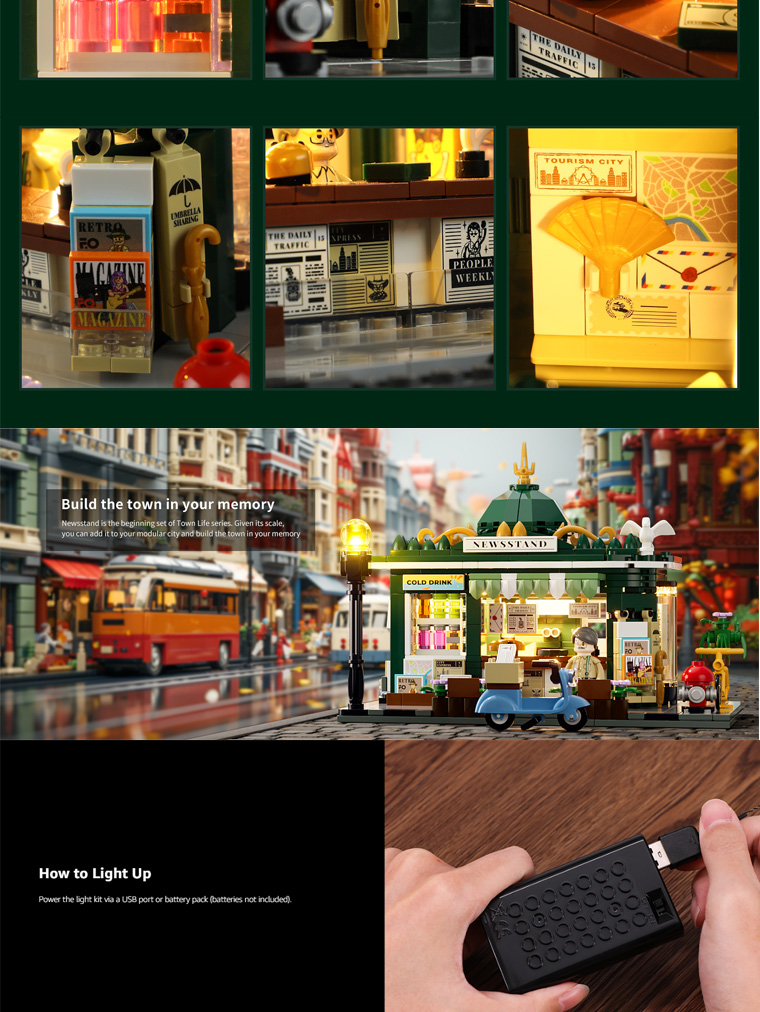 FUNWHOLE City Town Life ชุดโมเดลตัวต่อ รูปเมืองข่าว พร้อมไฟ LED สําหรับ ...