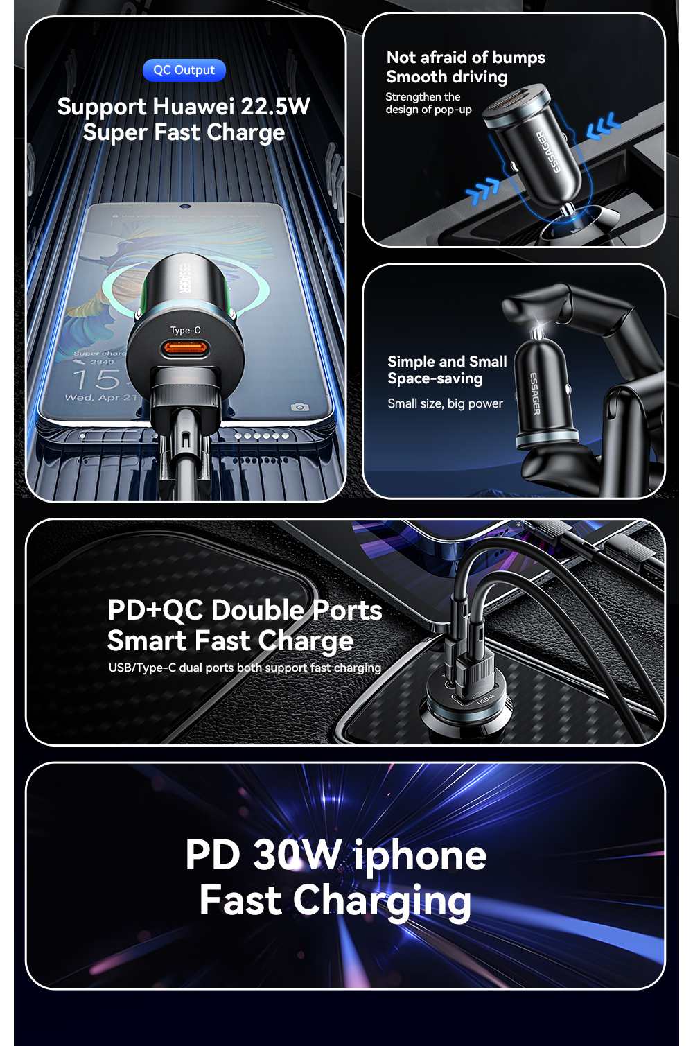 Essager PD30W USB A Type-C Mini Car Charger Quick Charge Fast Charging ...