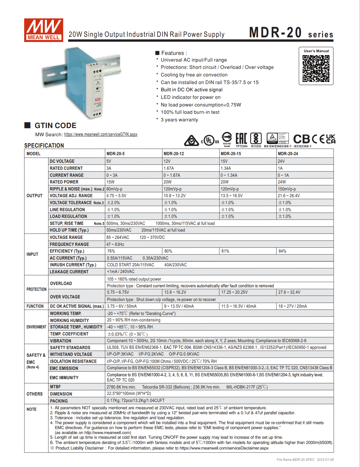 MEAN WELL สวิตช์พาวเวอร์ซัพพลาย MDR-20-24 DC24V 1A MDR-20-12 MDR-20-5 ...