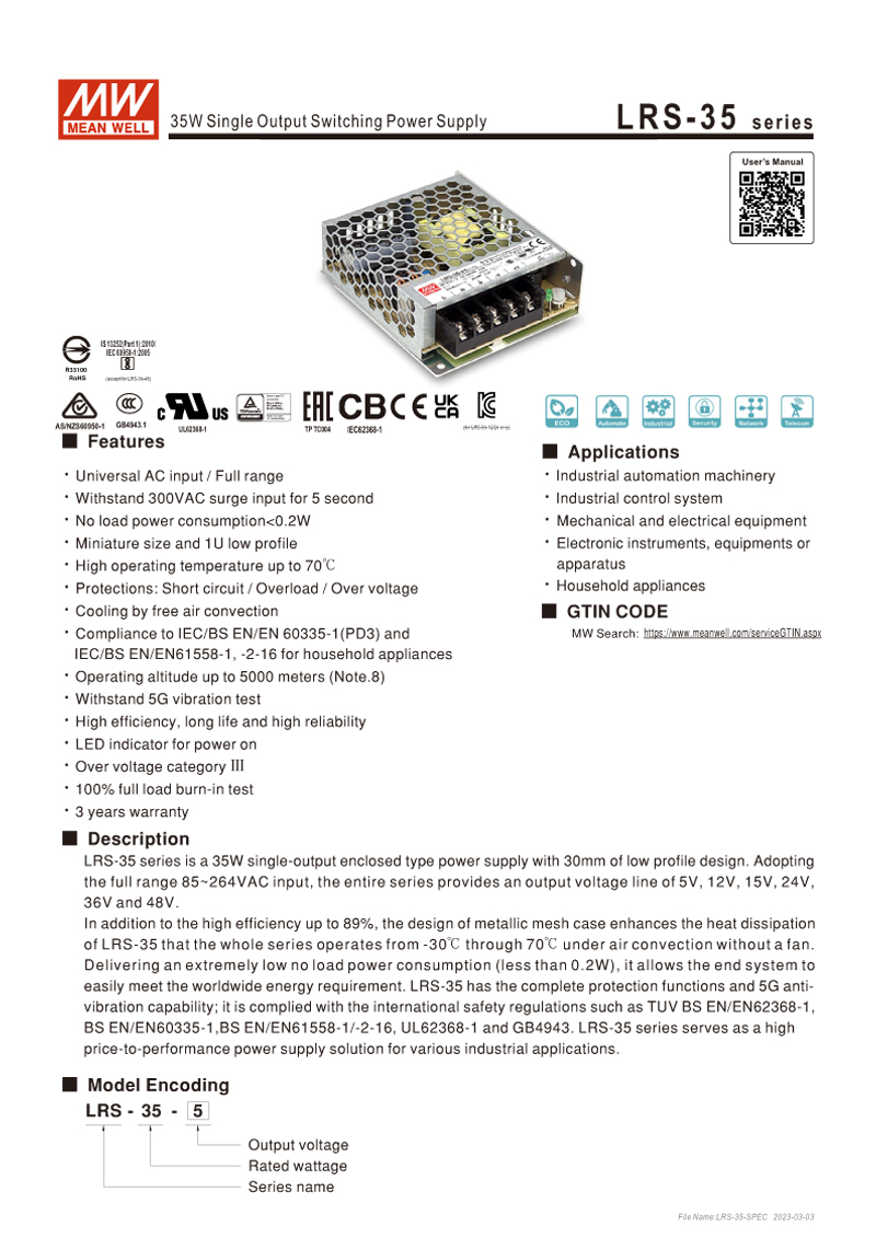 MEAN WELL LRS-35-24 LRS-35-5 LRS-35-12 LRS-35-36 LRS-35-48 สวิตช์พาวเวอร์ซัพพลาย Meanwell หม้อ ...