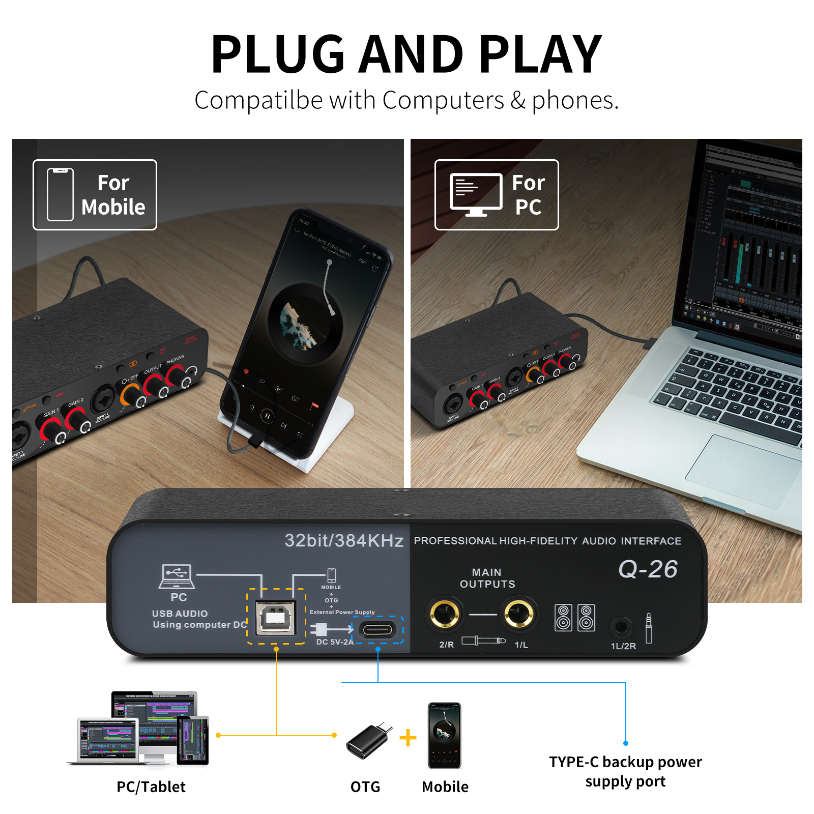 Q-26 Professional Audio Interface Stereo/Mono USB การ ์ ดเสียง 32 bit ...
