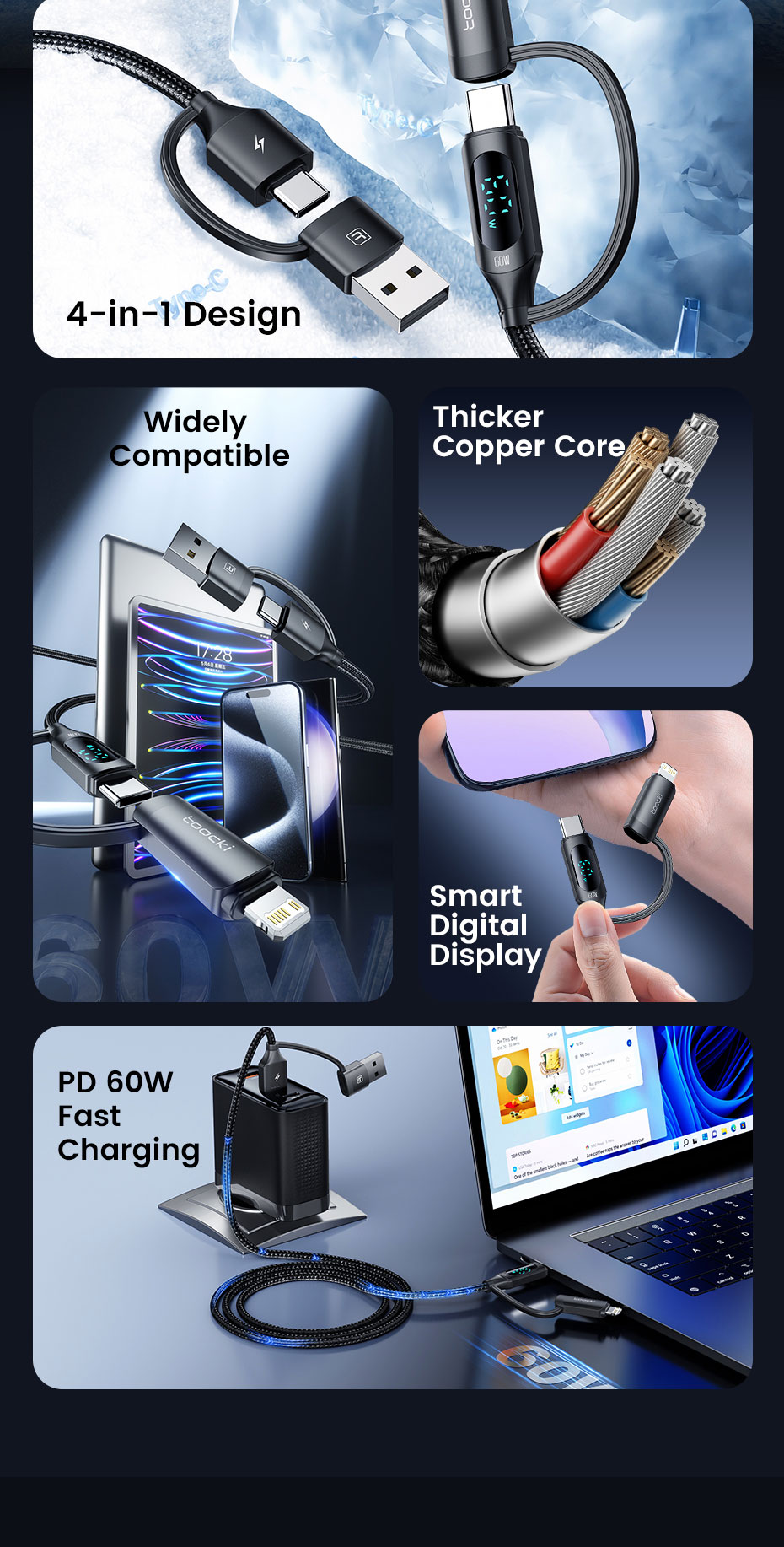 Toocki 4 In 1 USB To Type C/1OS Fast สายชาร์จสมาร์ทจอแสดงผลดิจิตอลสําหรับ Type C USB C ข้อมูล ...