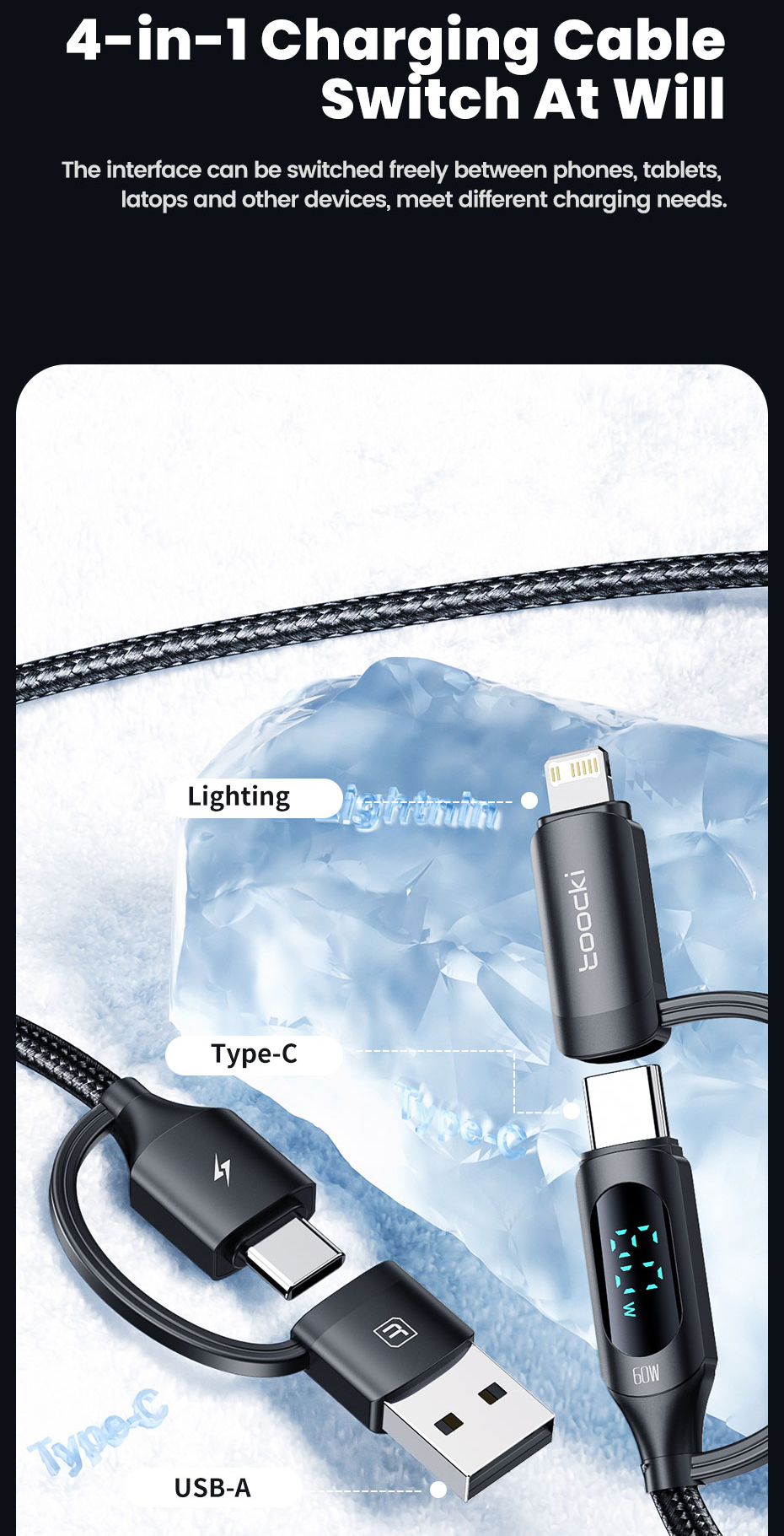 Toocki 4 In 1 USB To Type C/1OS Fast สายชาร์จสมาร์ทจอแสดงผลดิจิตอลสําหรับ Type C USB C ข้อมูล ...