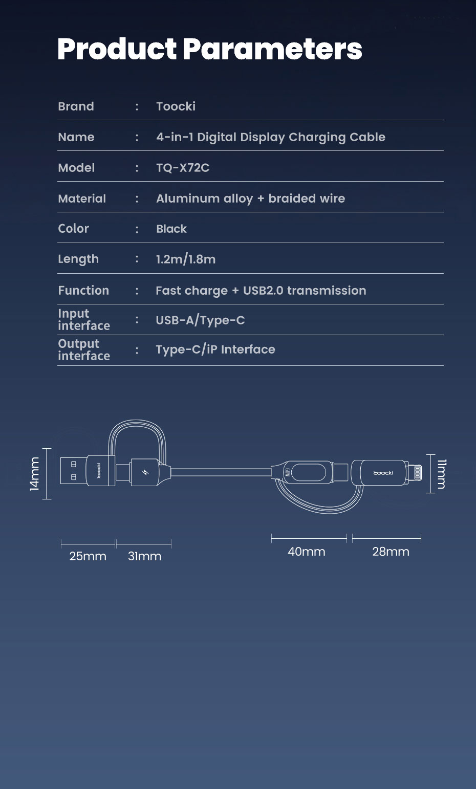 Toocki 4 In 1 USB To Type C/1OS Fast สายชาร์จสมาร์ทจอแสดงผลดิจิตอลสําหรับ Type C USB C ข้อมูล ...