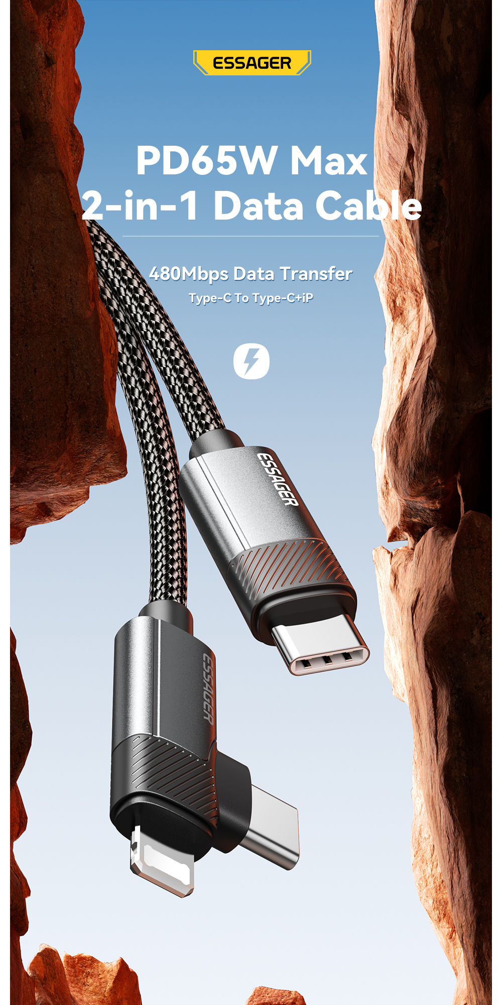 Essager 65W ประเภท C/USB-A ถึง L+ C สาย 2 ใน 1 Fast Charging สายไฟอะแดป ...