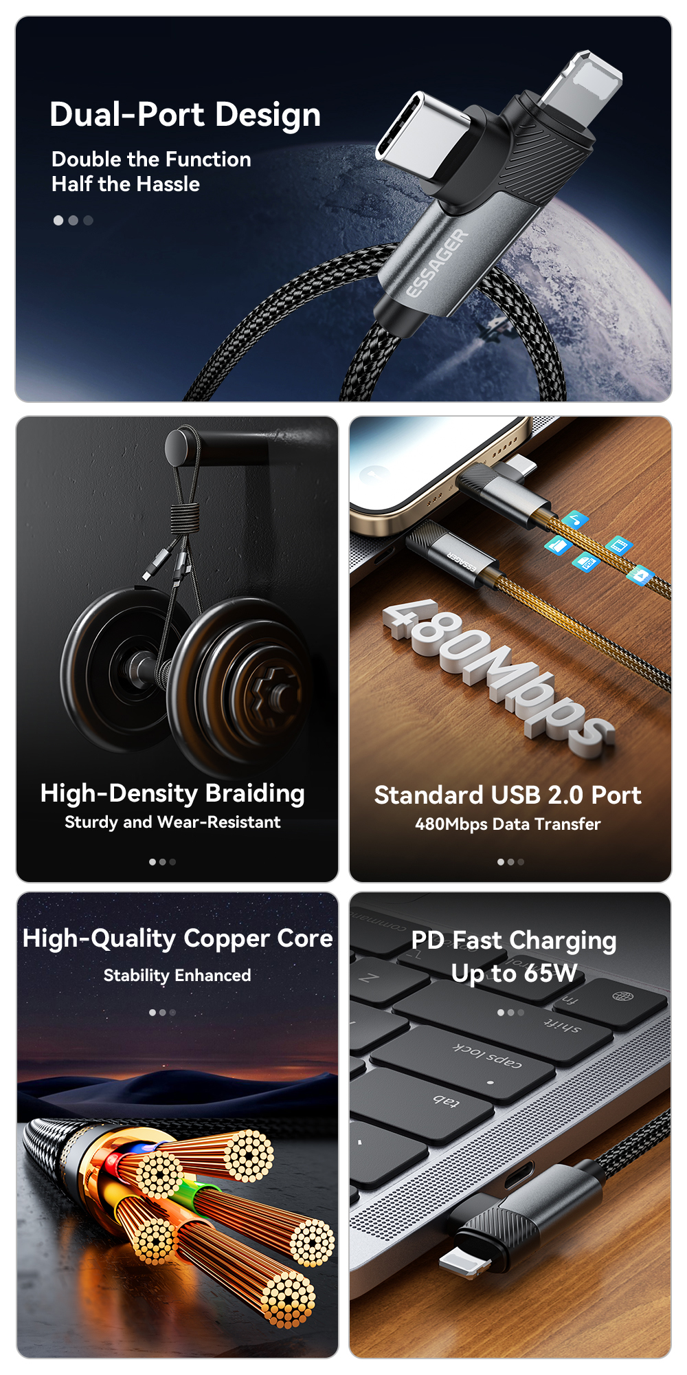 Essager 65W ประเภท C/USB-A ถึง L+ C สาย 2 ใน 1 Fast Charging สายไฟอะแดป ...