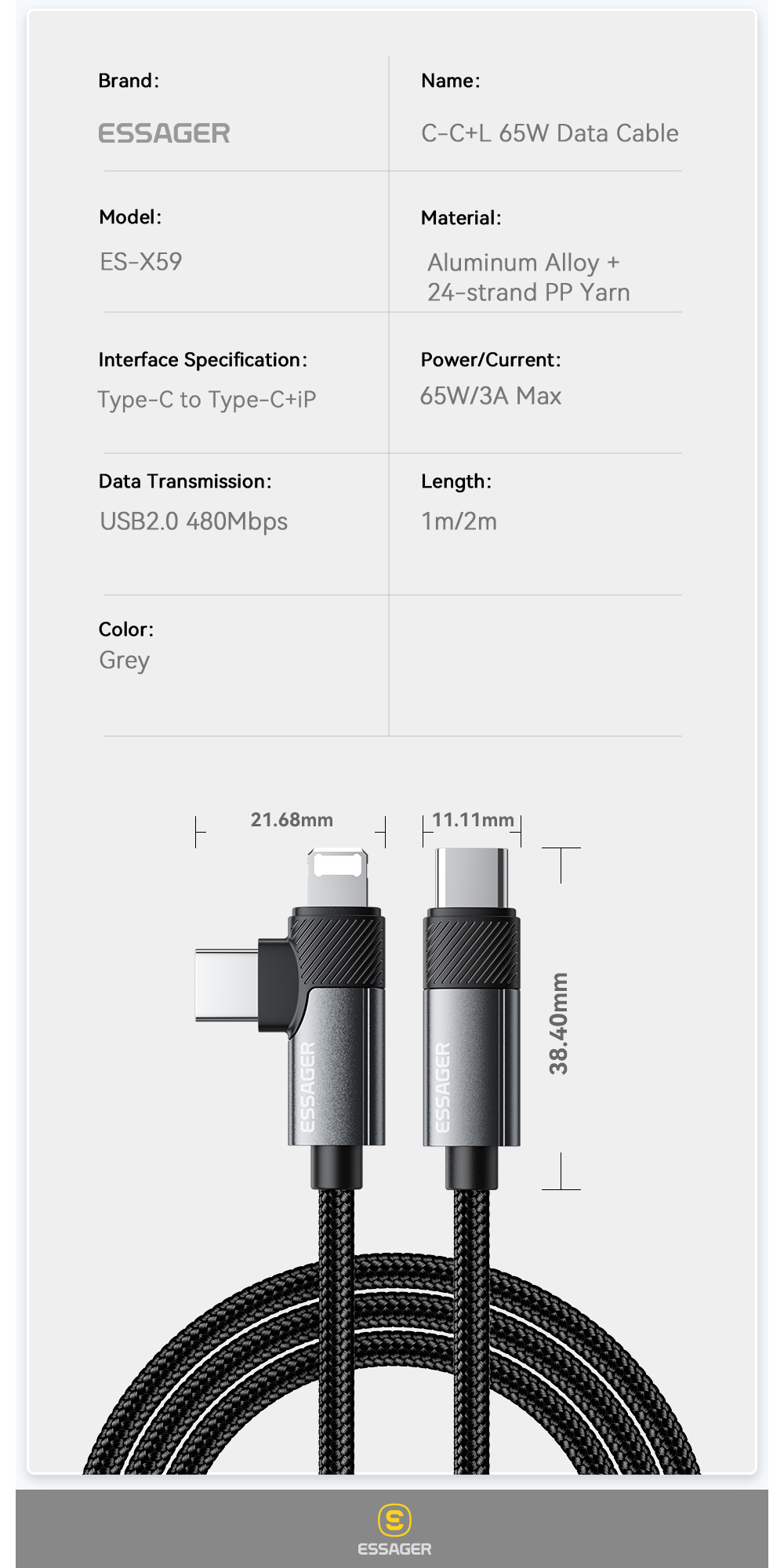 Essager 65W ประเภท C/USB-A ถึง L+ C สาย 2 ใน 1 Fast Charging สายไฟอะแดป ...