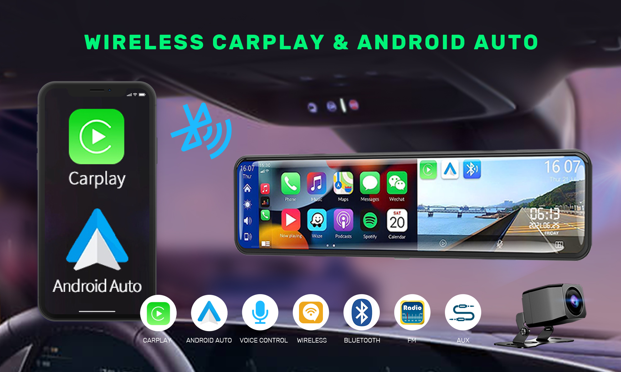 Asawin Carplay 4K Mirror Dash Cam WIFI Android Apple Voice Control Bluetooth Call FM 11 In Dual ...