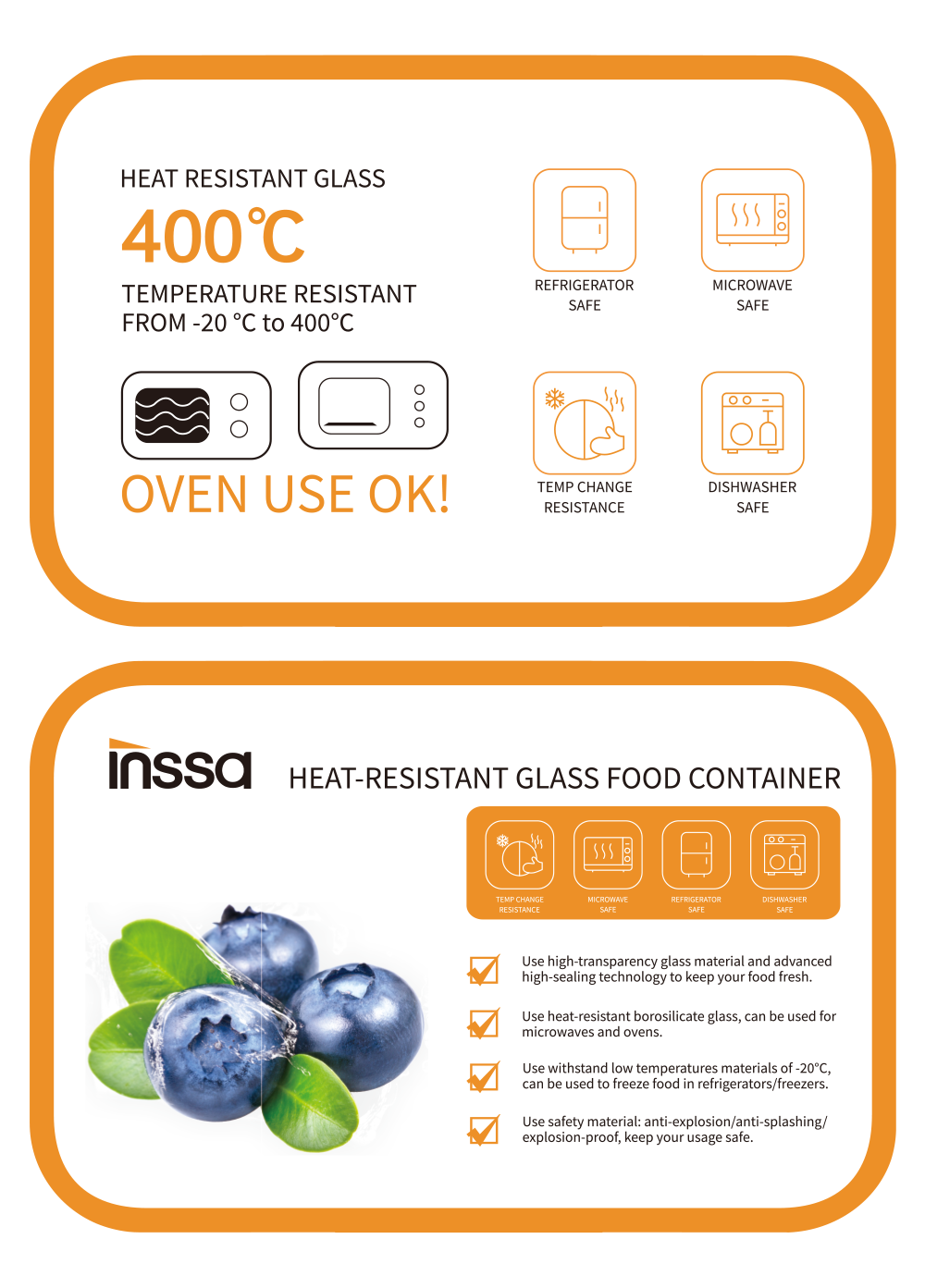 INSSA กล่องถนอมอาหารแก้ว สำหรับอาหารเสริม 2 ชิ้น ปราศจาก BPA สามารถใช้ ...