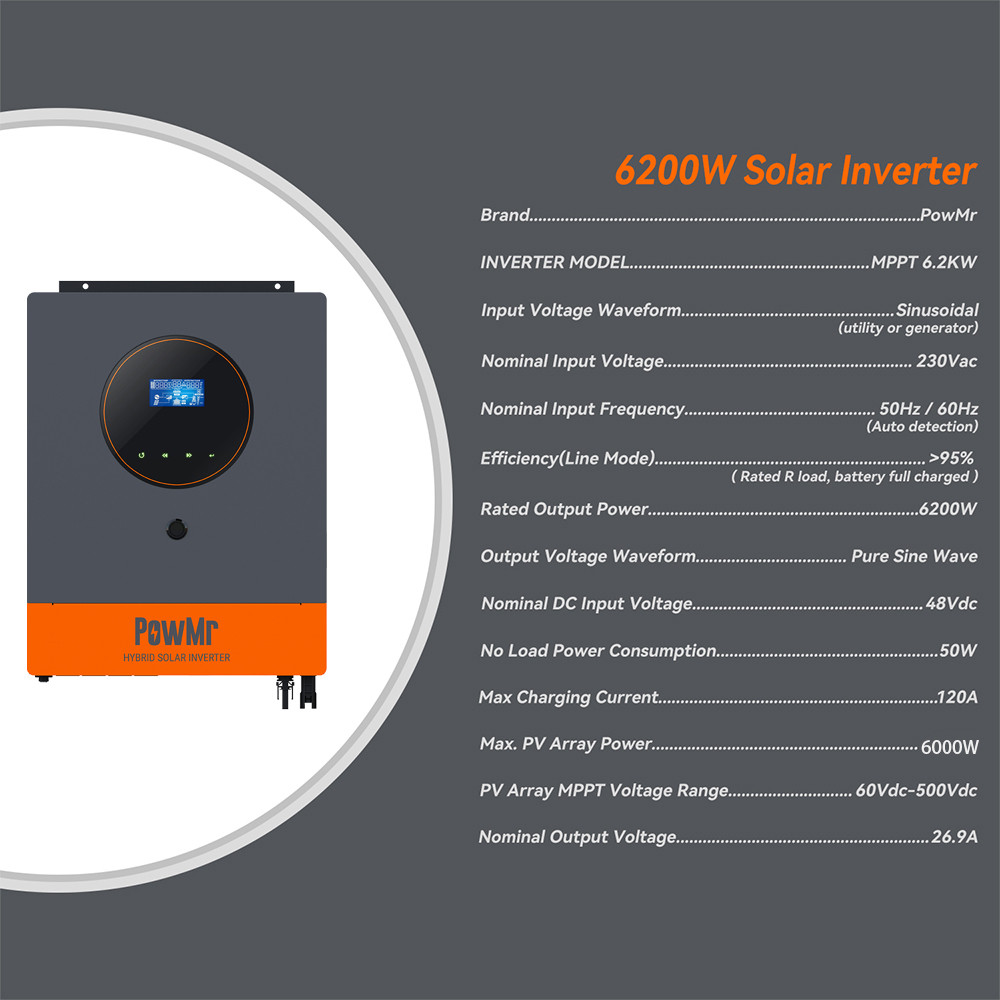PowMr 6.2KW Off-Grid Hybrid Solar Inverter 48V MPPT Solar Charger Controller 500VDC Hybrid ...