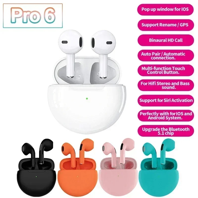 ใหม่ Pro 6 TWS หูฟังไร้สายพร้อมไมโครโฟน Fone หูฟังบลูทูธกีฬาชุดหูฟัง ...