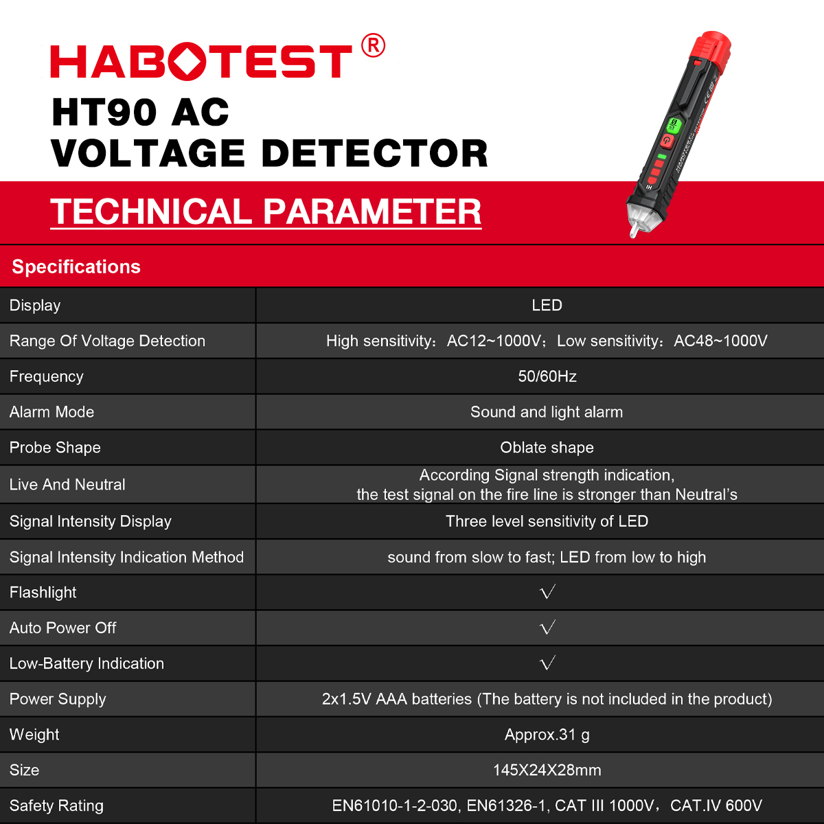 HABOTEST HT90 เครื่องวัดโวลต์ AC 12V-1000V NCV อัจฉริยะปากกาทดสอบไวคู่ ...