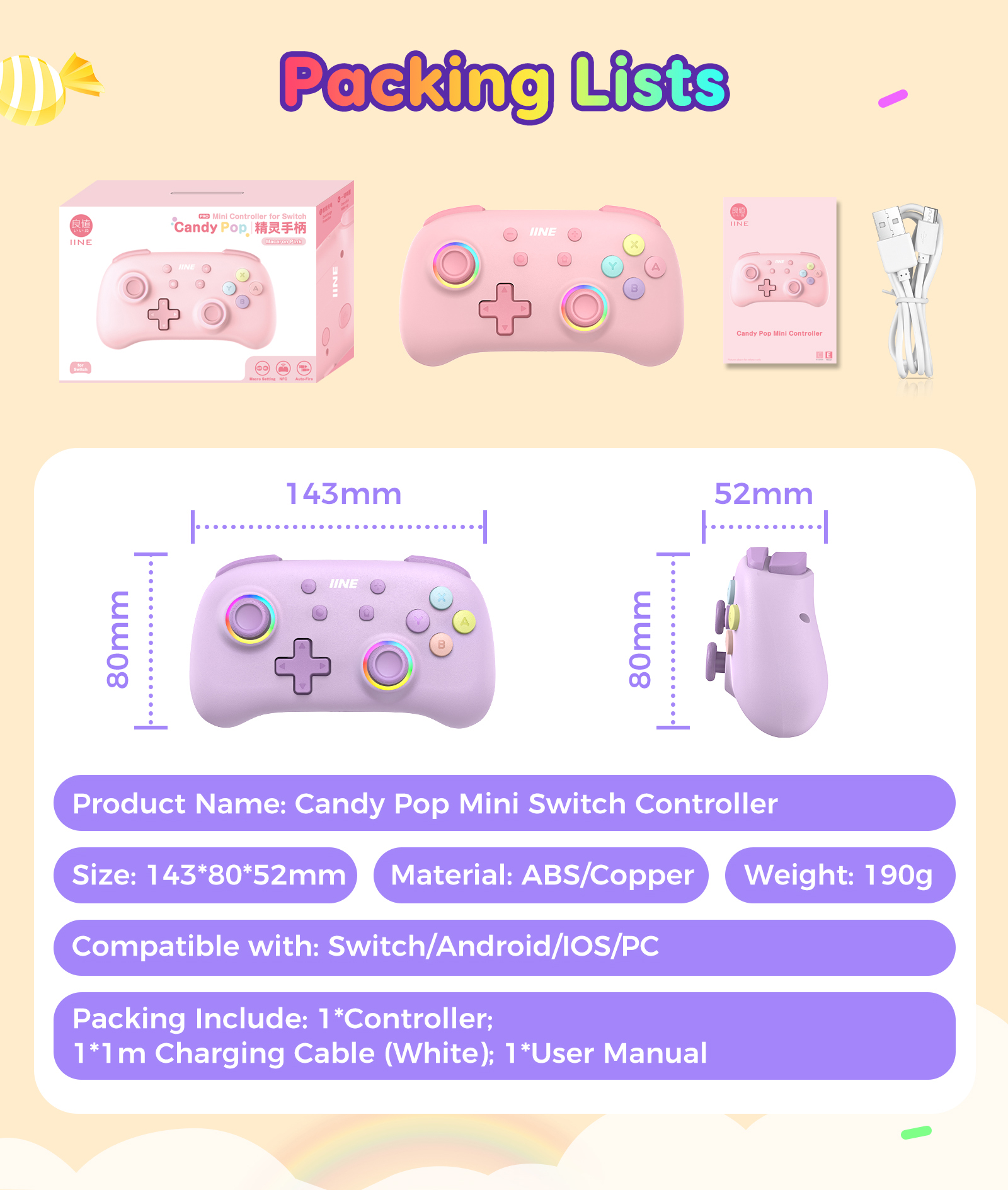 Iine Candy Pop Mini Controller สําหรับสวิทช์/Android/IOS/PC พร้อมฟังก ...
