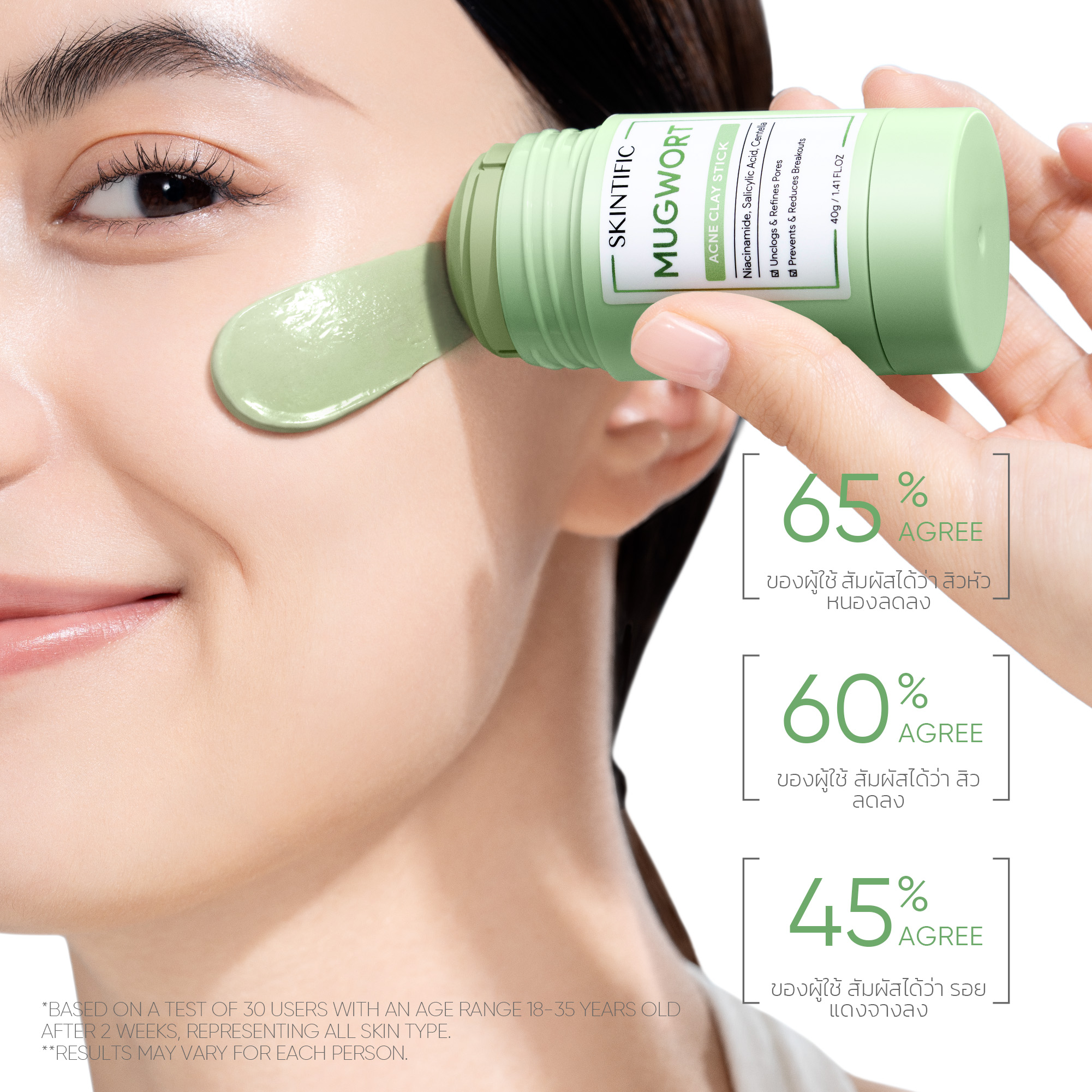 SKINTIFIC Mugwort mask มาส์กโคลนแบบแท่งที่ช่วยต้นสิว 40g（ลดรอยแดง ลดการ ...