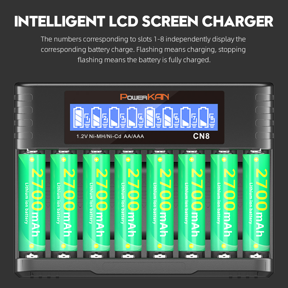 เครื่องชาร์จแบตเตอรี่ PowerKAN CN8 สล็อตความเร็วสูง 500mA*8 ชาร์จและอินพุต USB-C เครื่องชาร์จ ...