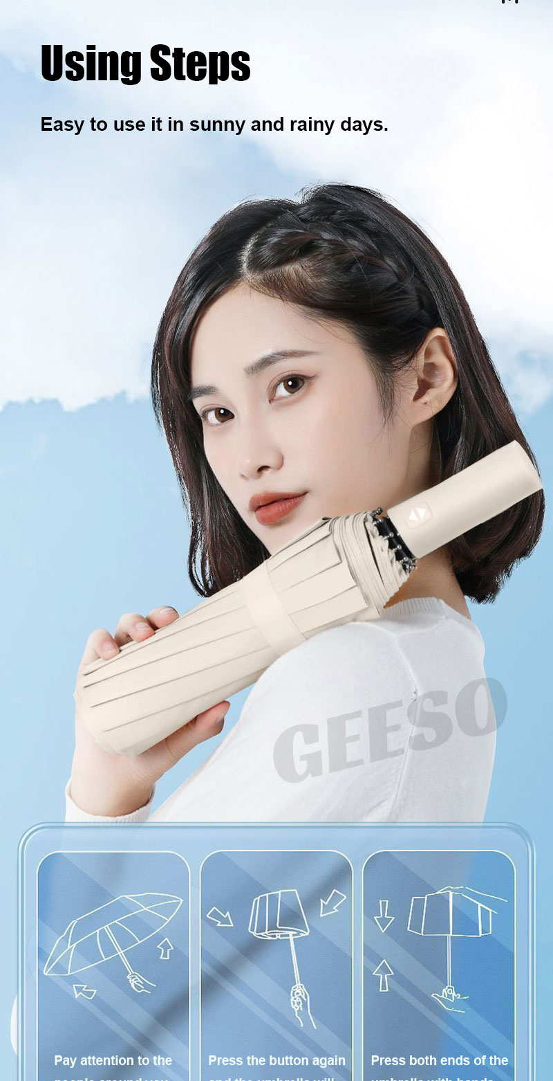 GEESO เลือกได้ 7 สี Automatic ร่ม 24 Ribs UPF50+ 23นิ้ว ร่มพับลม เส้นผ่าศูนย์กลาง 105ซม | Shopee ...
