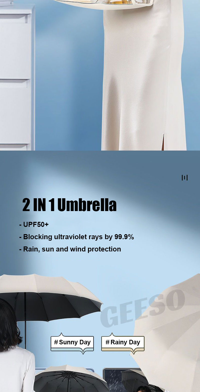 GEESO เลือกได้ 7 สี Automatic ร่ม 24 Ribs UPF50+ 23นิ้ว ร่มพับลม เส้นผ่าศูนย์กลาง 105ซม | Shopee ...