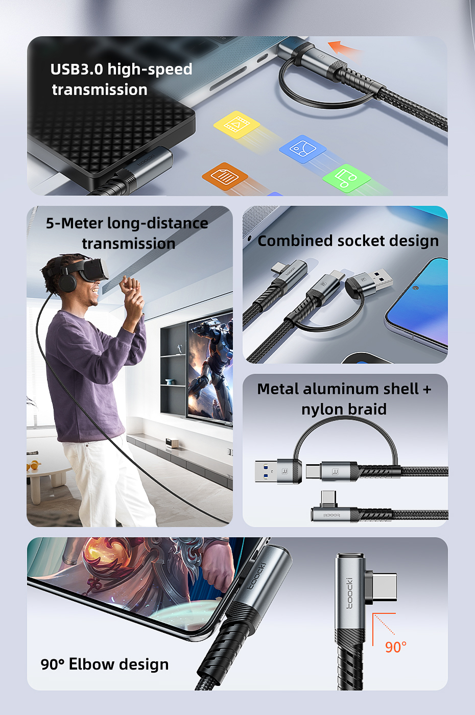 Toocki 2-In-1 USBC VR Link สําหรับ Quest 3 ชุดหูฟัง VR USB3.2 Gen1 ...