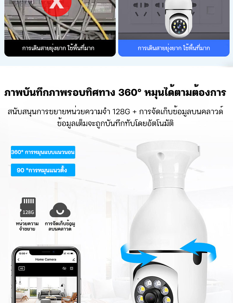AOQU กล้องวงจร กล้องหลอดไฟ ไร้สาย 4 ล้าน WIFI Full HD 4MP ตรวจสอบ/แสง ...