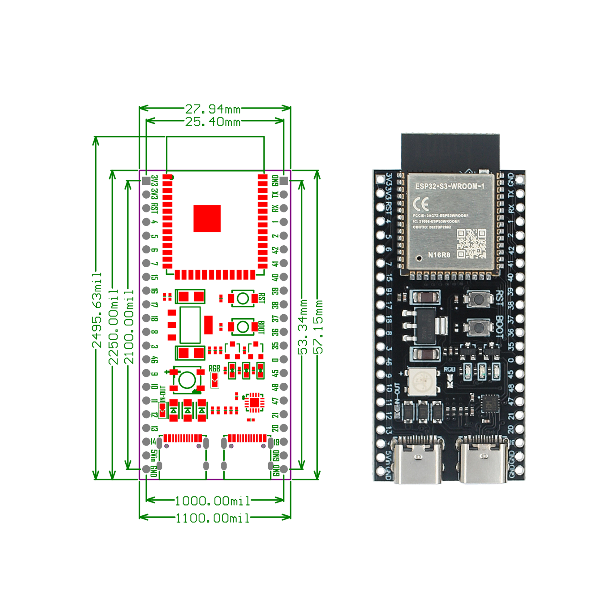Esp32-s3 บอร์ดพัฒนา 2.4G Wifi โมดูลสําหรับ Arduino ESP IDF ESP32-S3-WROOM-1 N16R8 44Pin Type-C ...