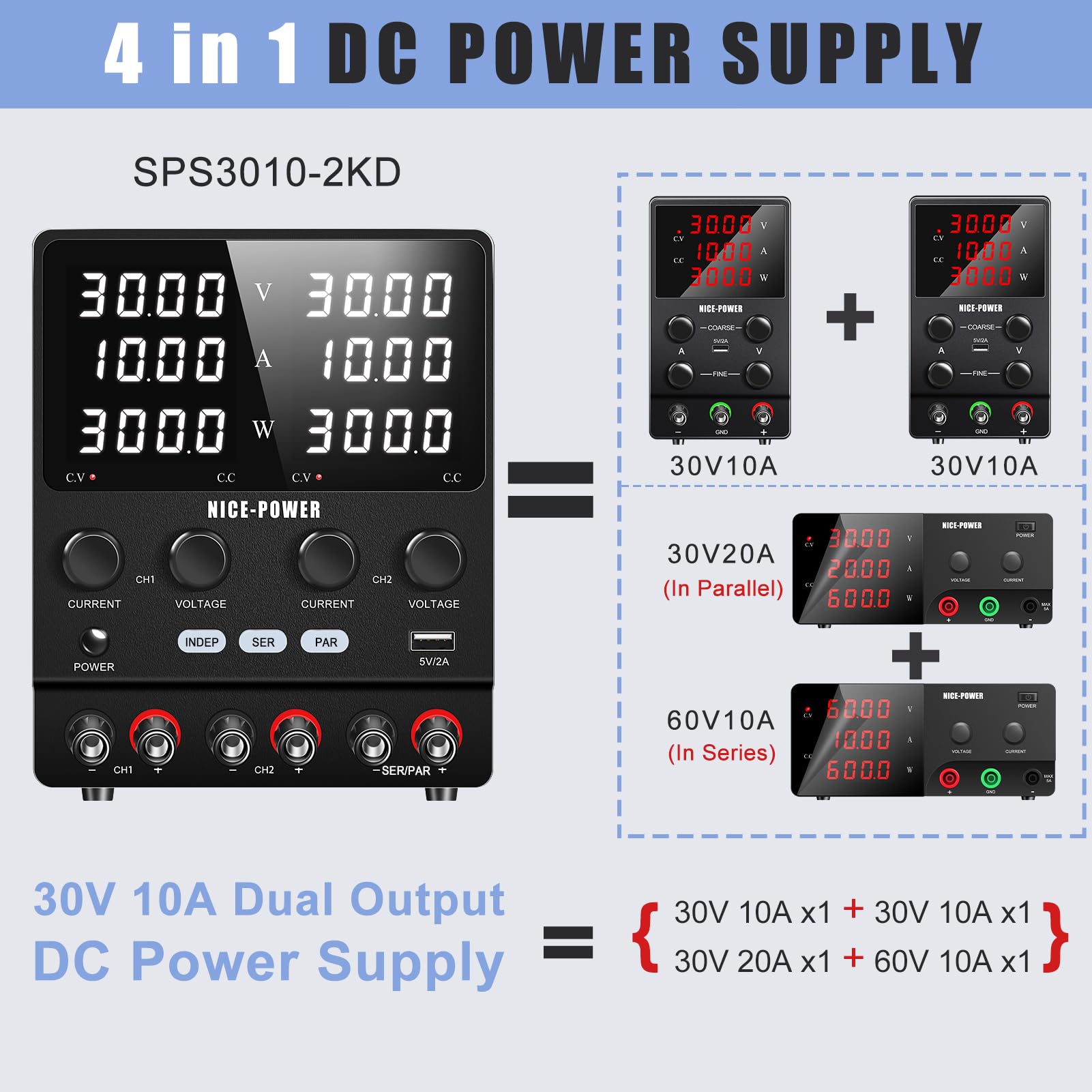 Nice-power Dual DC Power Supply Dual-channel Bench Source 30V 10A 12 ...