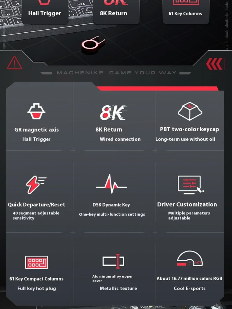 Machenike K500-M61 คีย์บอร์ดเกมแกนแม่เหล็กแบบมีสาย 8K อัตราการคืนเต็มคีย์ hot swappable RGB ...
