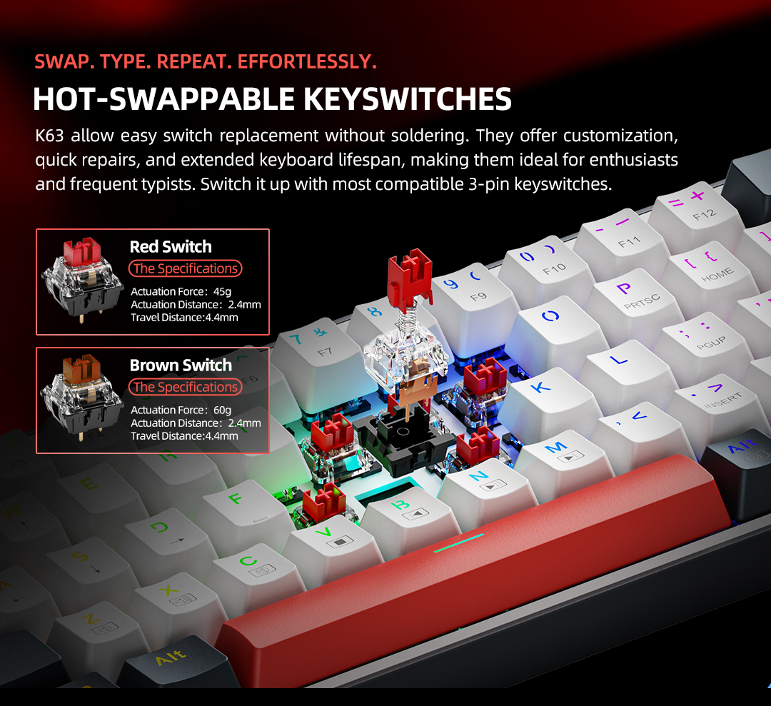 Thunderobot K63 คีย์บอร์ดแบบมีสาย, คีย์บอร์ดเกม, 63 คีย์ PBT + ABS Keycaps Hot Swappable N-key ...