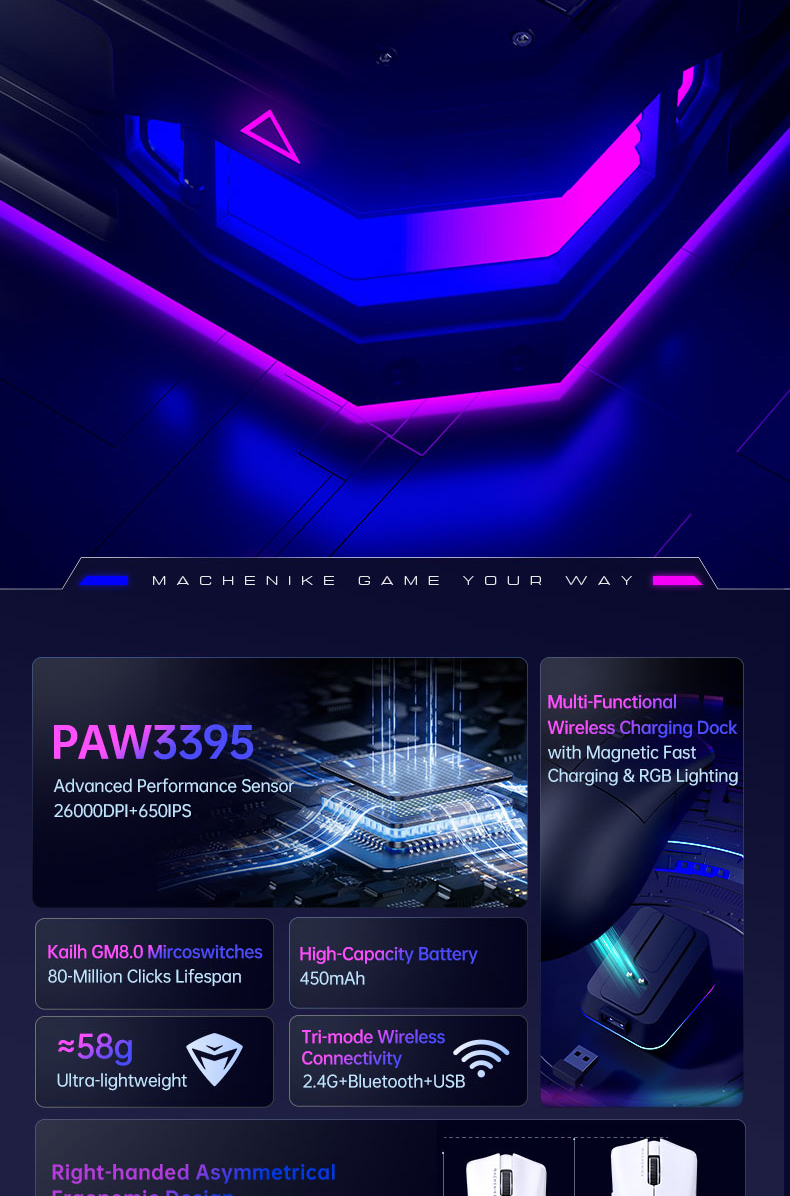 Machenike L8 Max Tri-Mode เมาส์ไร้สายพร้อมแท่นชาร์จ PAW3395 26000 DPI เมาส์สําหรับเล่นเกม 66g ...