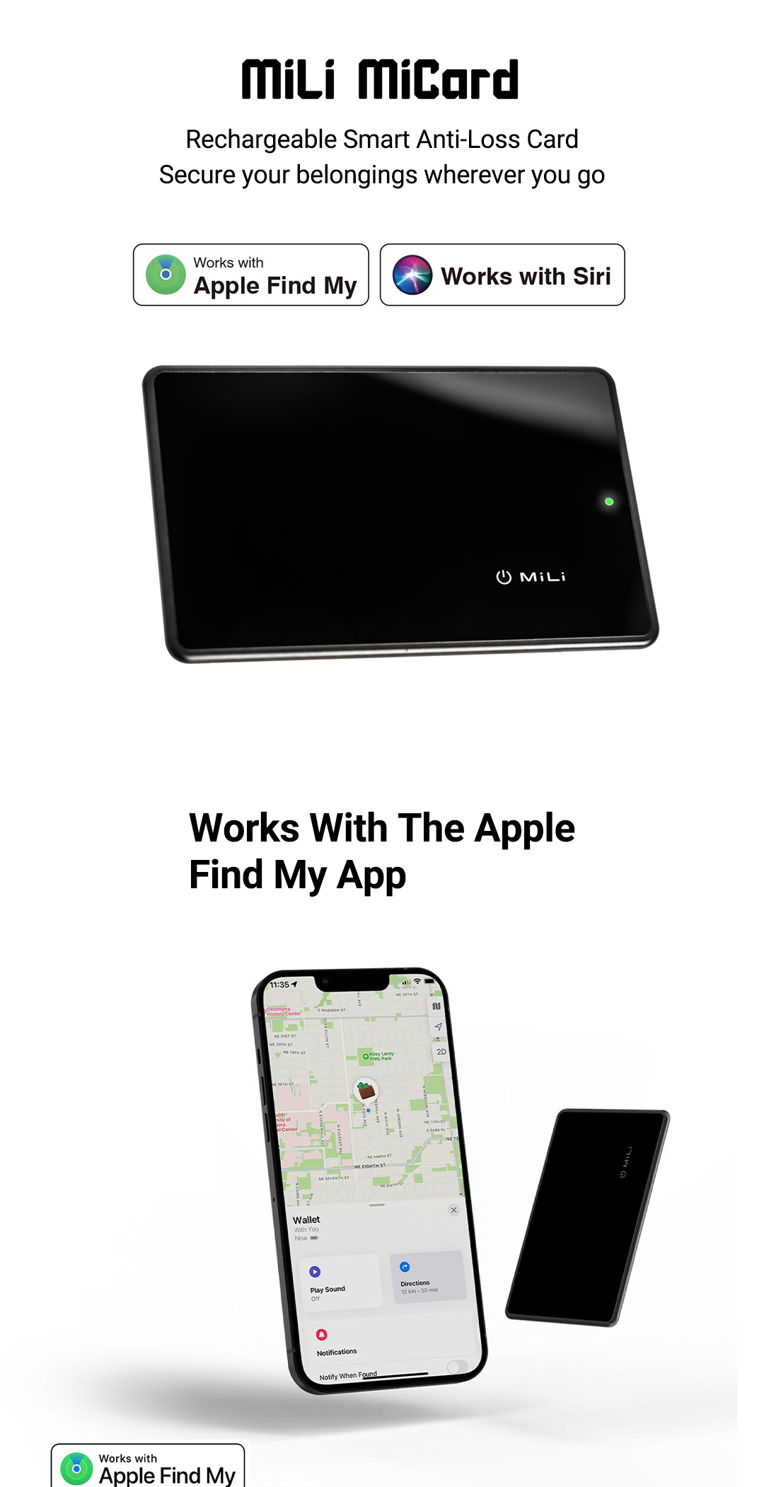 MiLi MiCard การ์ดป้องกันการสูญหายอัจฉริยะแบบชาร์จไฟได้ช่วง 30-50 ม. รองรับ NFC ทํางานร่วมกับ ...