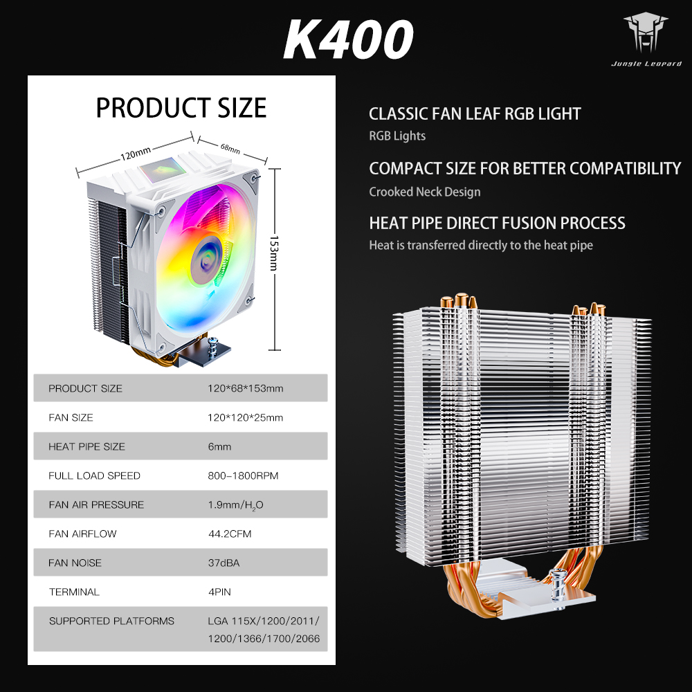 Jungle Leopard K400 CPU Cooler สีดํา/สีขาว 4 ท่อความร้อน 120 มม.พัดลม ...