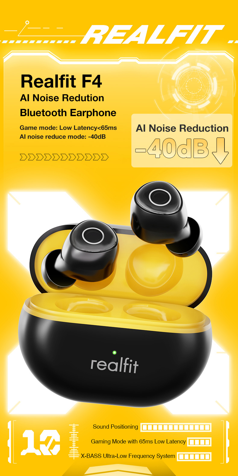 Realfit F4 AI หูฟังบลูทูธตัดเสียงรบกวนพร้อมไมโครโฟนควบคุม APP ปรับแต่ง ...