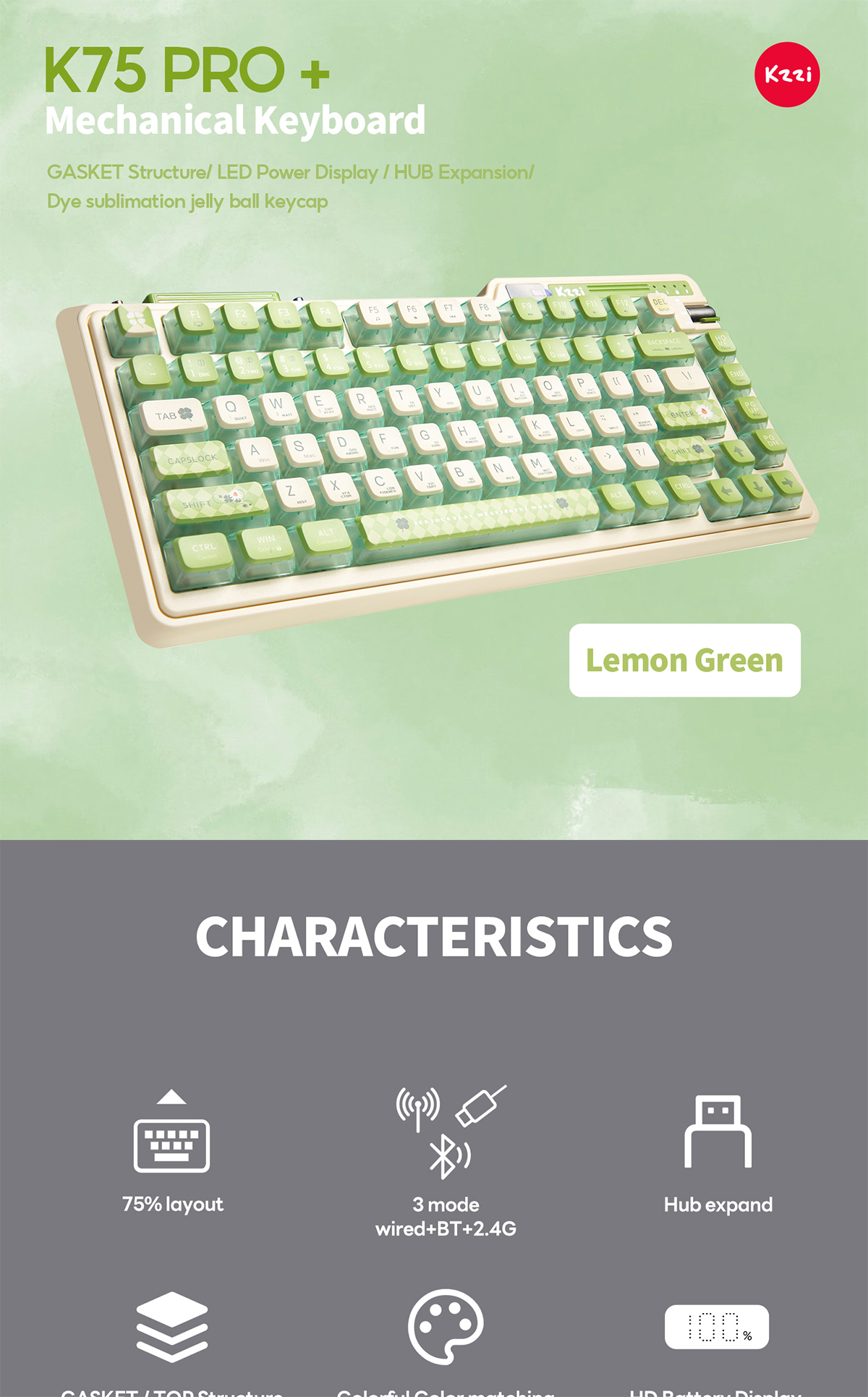 Kzzi Kezhi K75 Pro + สีเขียวมะนาวไร้สายสามโหมดแป้นพิมพ์ปะเก็นเกม RGB ผง ...