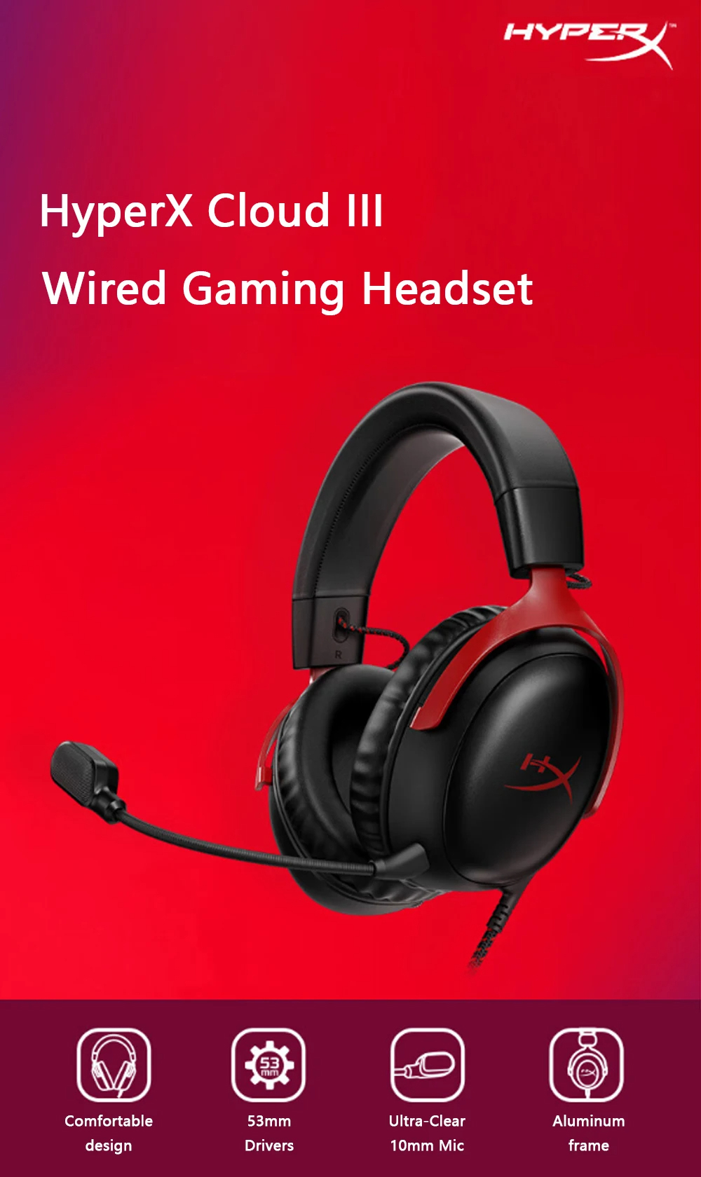 Hyperx Cloud III ชุดหูฟังเล่นเกมแบบมีสาย DTS/หน่วยความจําโฟม/กรอบทนทาน ...