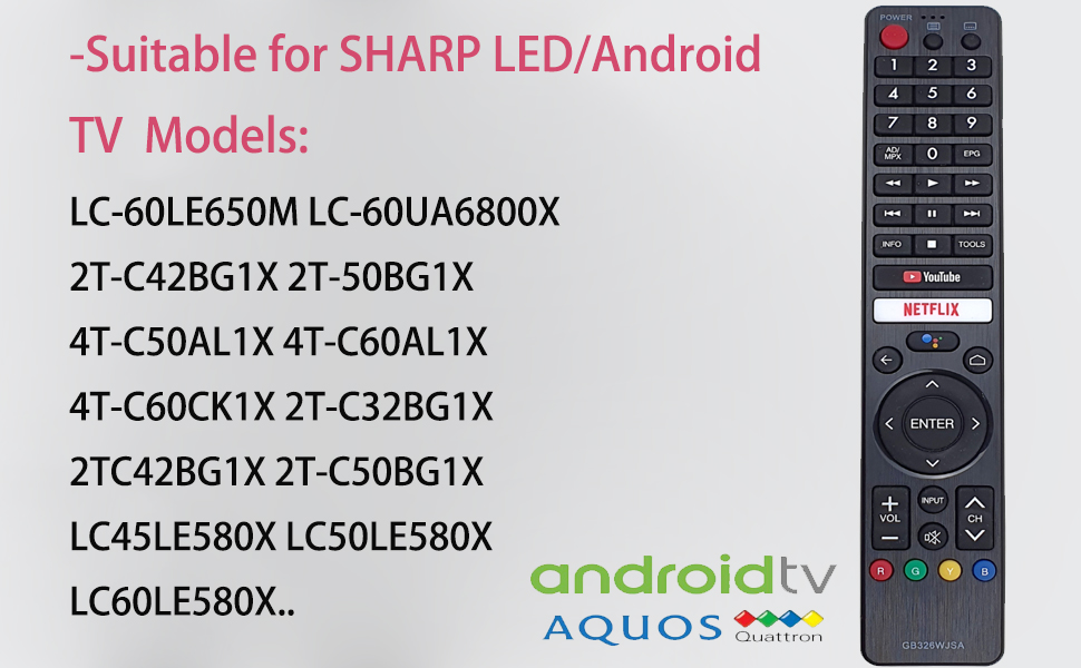รีโมทคอนโทรลทดแทนสําหรับ Sharp Youtube Netflix LED/Android สมาร์ททีวี ไม่มีรีโมทคอนโทรลด้วยเสียง ...