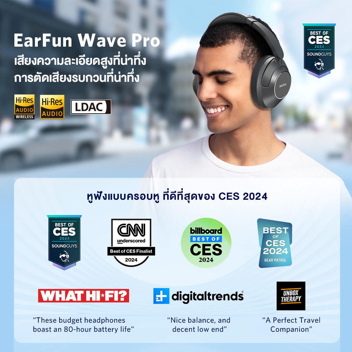 EarFun Wave Pro Active Noise Cancelling Headphones LDAC Hi-Res Audio 80 ...