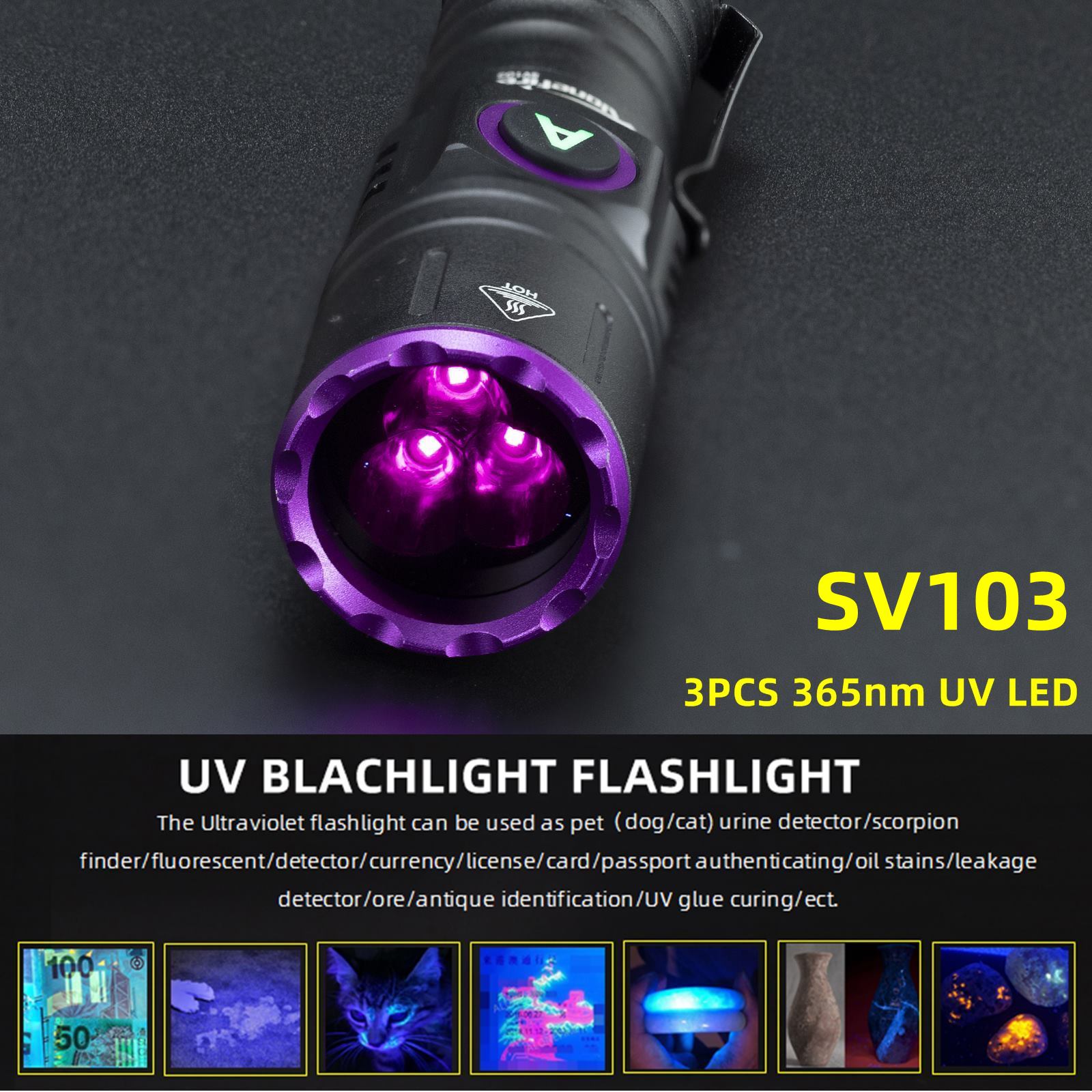 Alonefire SV103 15W UV 395/365nm USB ชาร์จไฟฉายแมวสุนัขปัสสาวะ Tinea ...