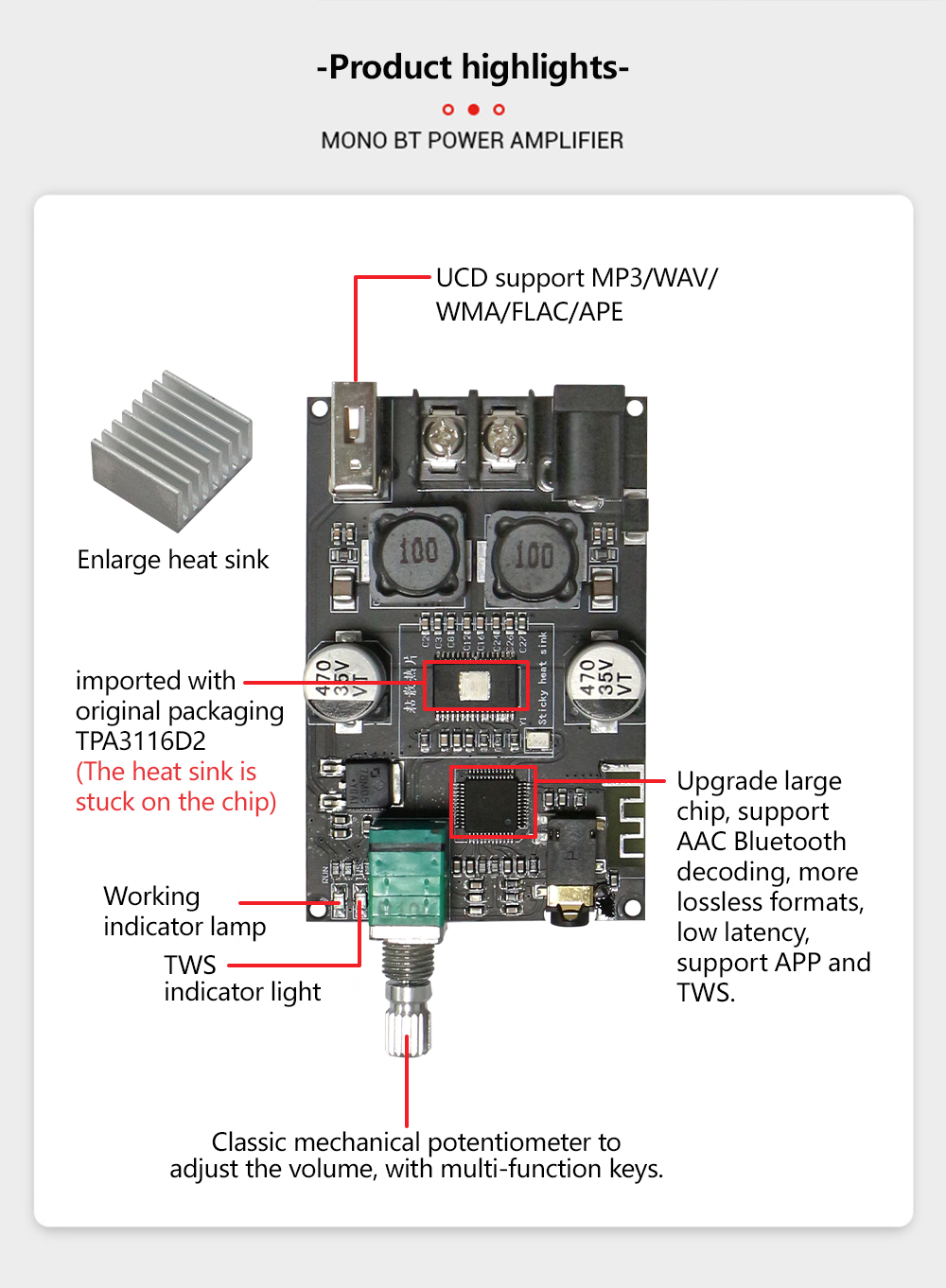Zk-1001b Mono 100W โมดูลบอร์ดขยายเสียงบลูทูธพร้อม TWS ไปยังฟังก์ชั่น ...