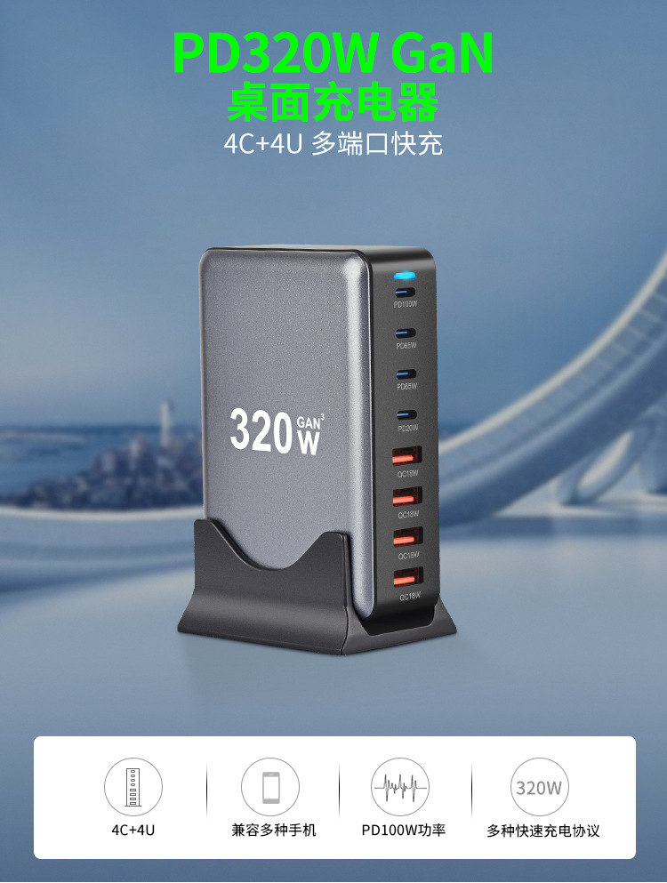 320w GaN Charger Desktop Charger 4A4C Gallium Nitride USB C Fast ...
