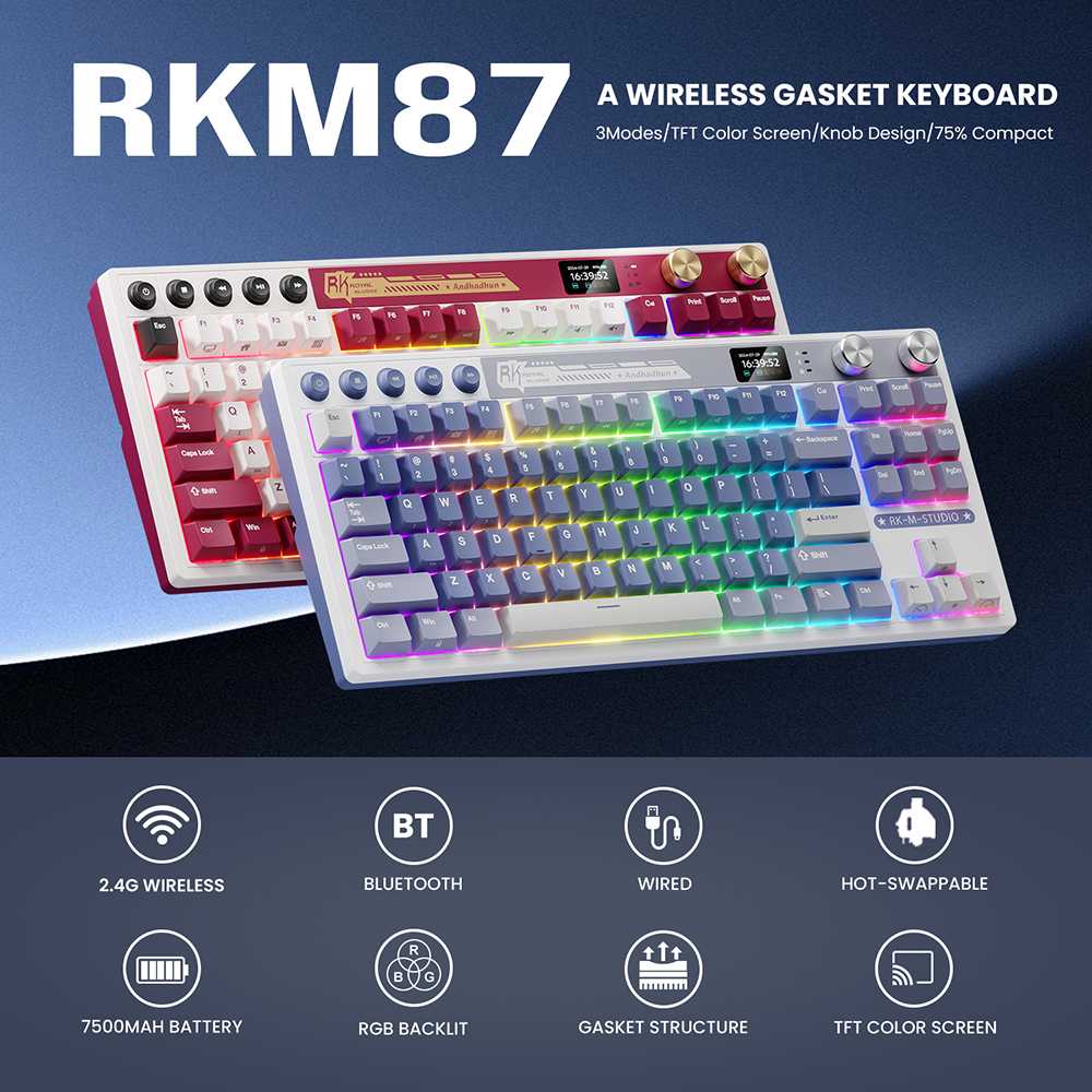 Rk Royal Kludge RK M87 Ocean Blue 88Keys Tri-Mode RGB แบบมีสายบลูทูธ 2 ...