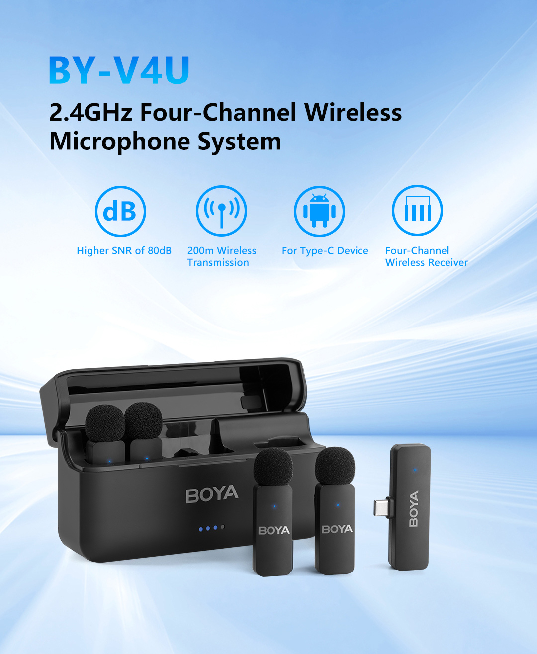 BOYA BY-V4U 4 ช่อง ไมค์ไร้สาย Type-C ไมค์ลอยไร้สาย พร้อมกล่องชาร์จ ...