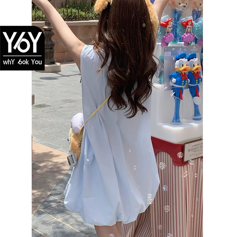 Y6y ชุดเดรสสุภาพสตรีแขนกุดอารมณ์ฝรั่งเศส C6L43835 (สีขาว/สีฟ้าอ่อน ...