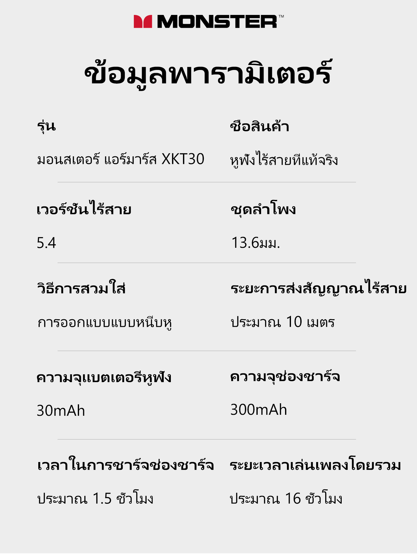 Monster XKT30 หูฟังสปอร์ตบลูทูธไร้สาย โทรแบบ HD การตัดเสียงรบกวน ...