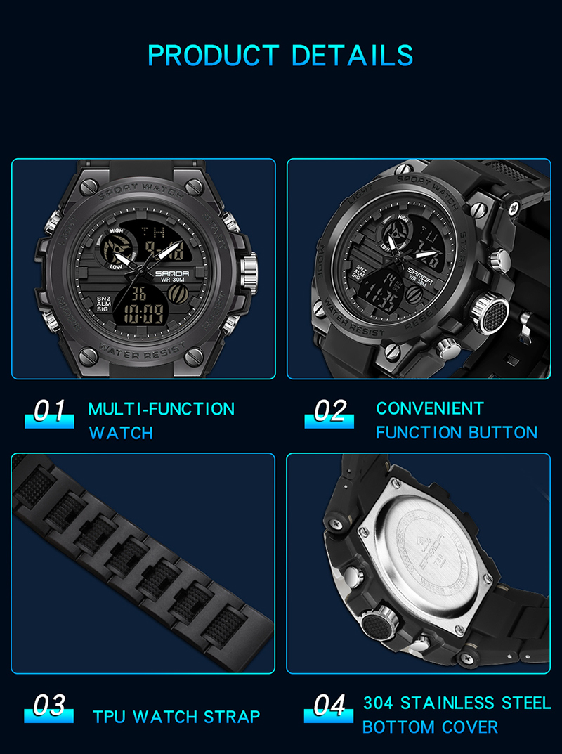 Sanda 739-2/ในสต็อกกันน้ํานาฬิกาผู้ชายกีฬานาฬิกาแฟชั่น LED Multi-Function นาฬิกาผู้ชาย | Shopee ...