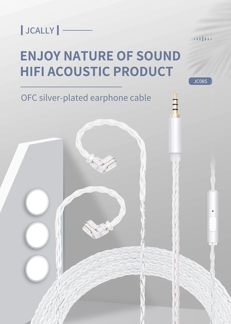 Jcally JC08S 5N 8 Core Silver Plated HIFI อัพเกรดสาย MIC 3.5 มม.ปลั๊ก/2Pin 0.78 สําหรับ KZ TFZ ...